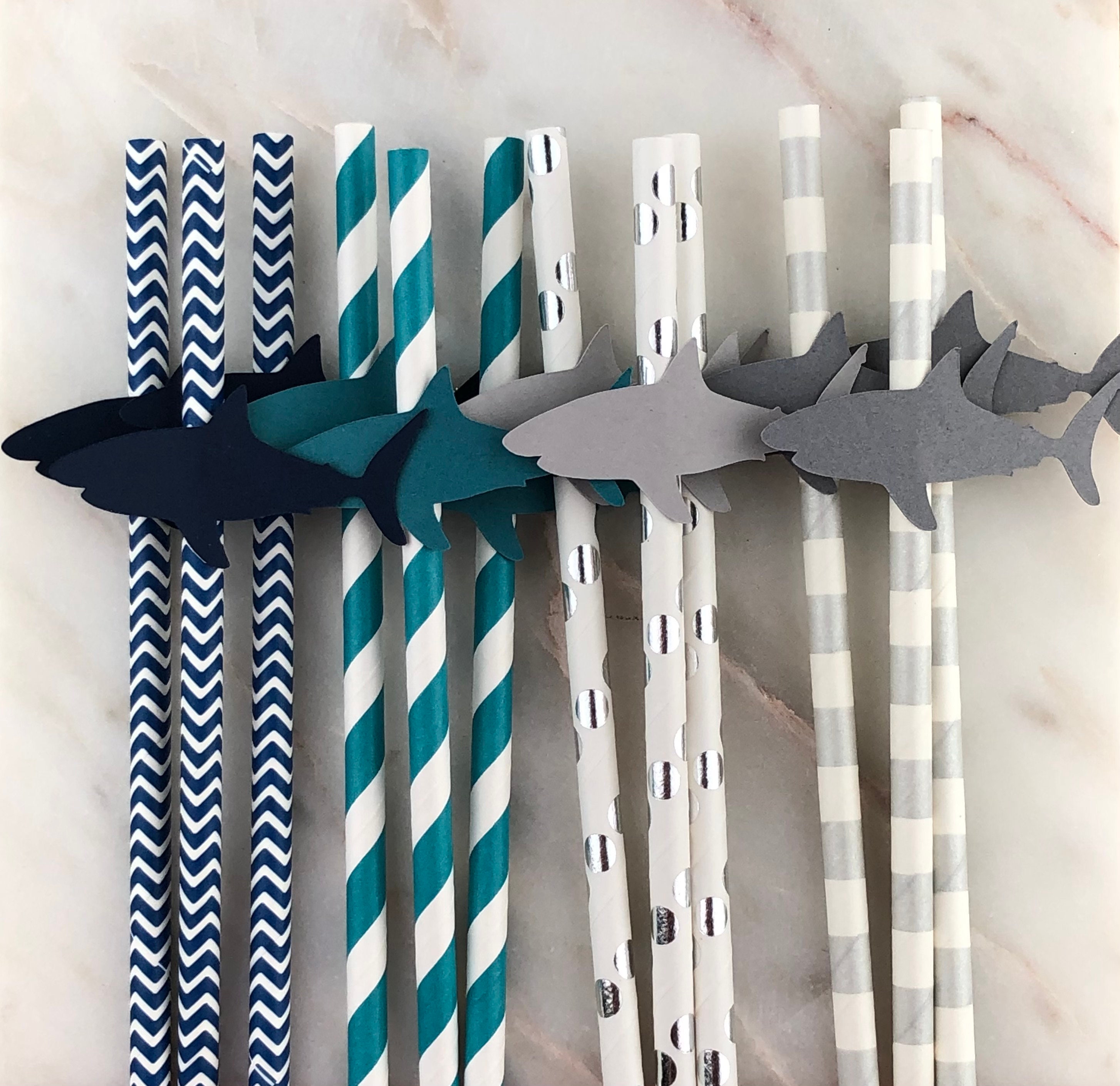 Shark Paper Party Straws 12 Shark Week Pool Party Beach | Etsy