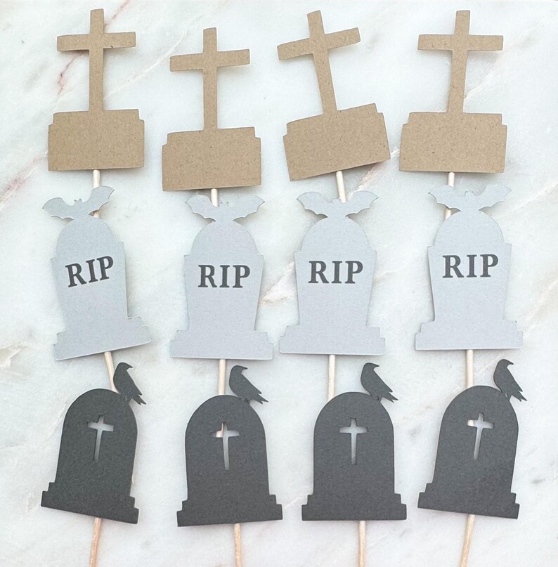 Halloween Tombstone Cupcake Toppers: RIP, Bat, Raven, Cross Party Decor ...