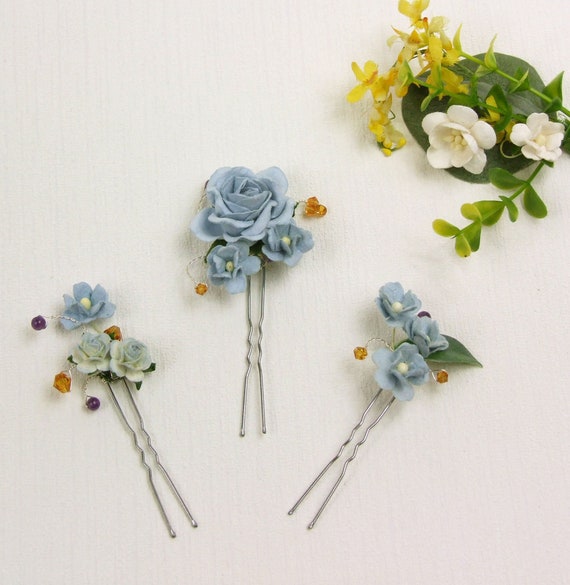 Blue flower hair pins set of three with natural Amethyst and | Etsy