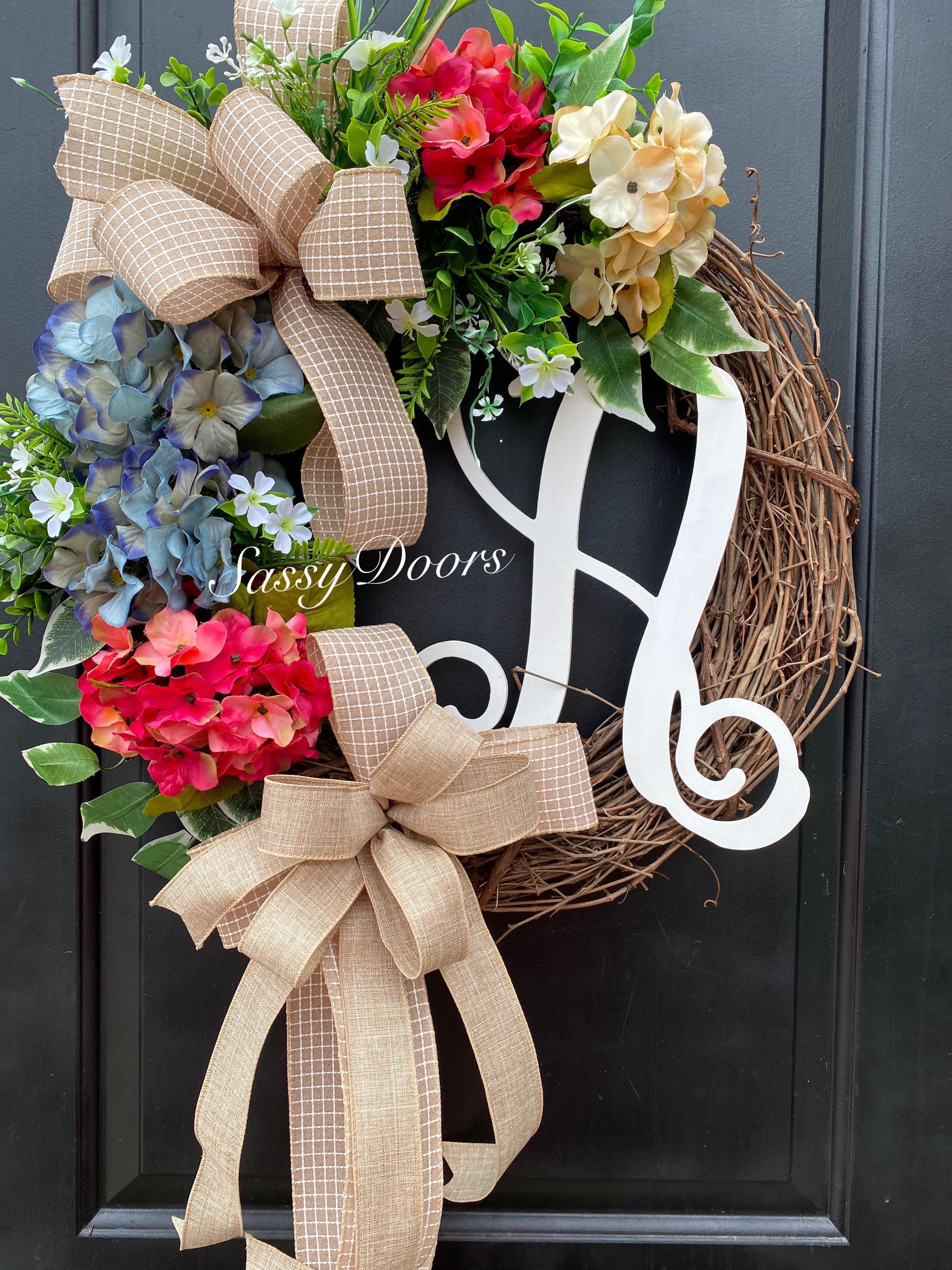 Hydrangea Wreath, Monogram Wreath, Spring Wreath, Mother's Day Wreath With Letter, Hydrangea ...