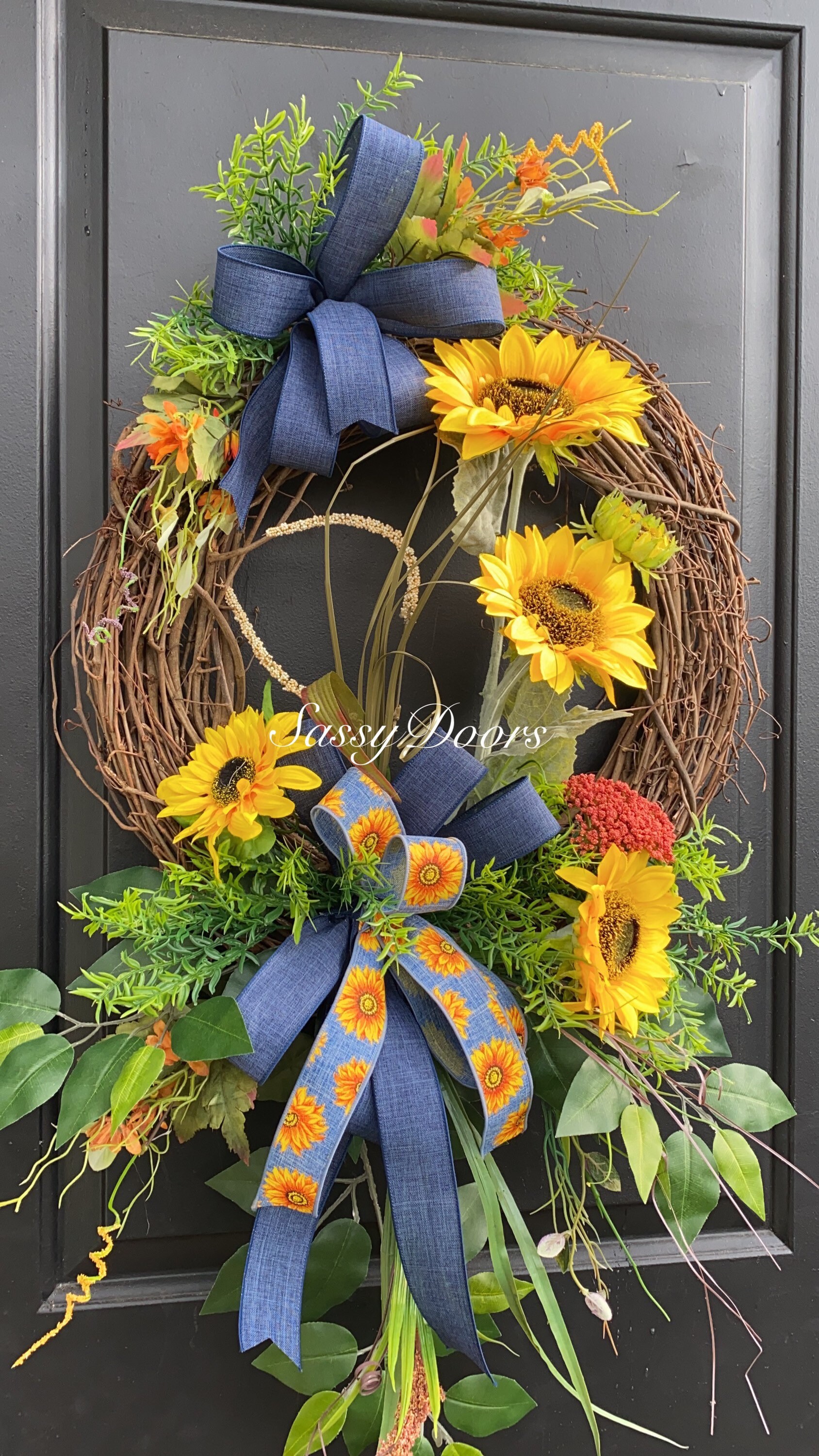 Double Door Sunflower Wreath, Denim Wreath, Sunflower Front Door Wreath ...