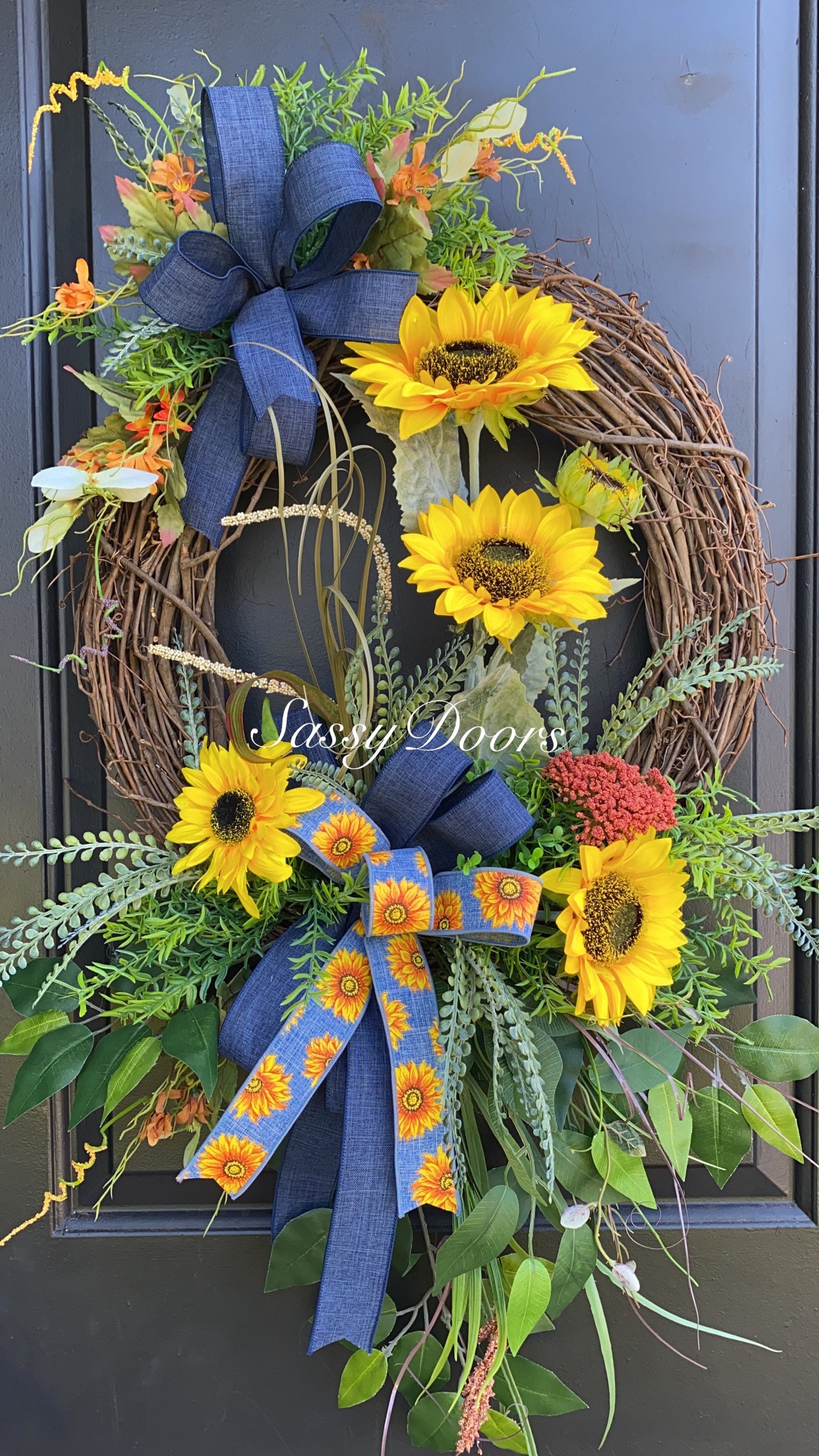 Sunflower Wreath Denim Wreath Sunflower Front Door Wreath Sassy Doors Wreath Double Door