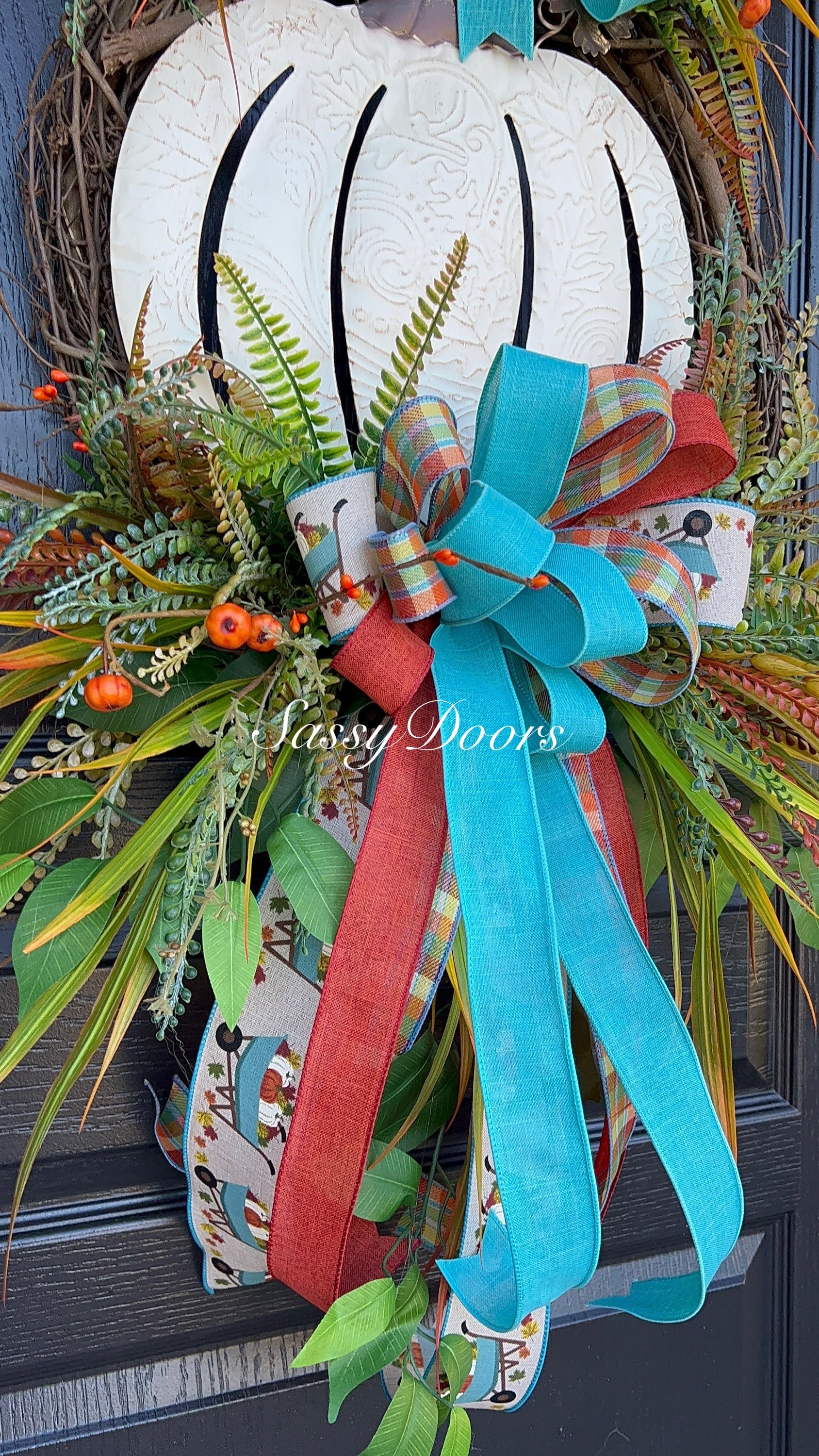 Fall Pumpkin Wreath, Teal Fall Wreath, Cream Pumpkin Wreath, Fall Door ...