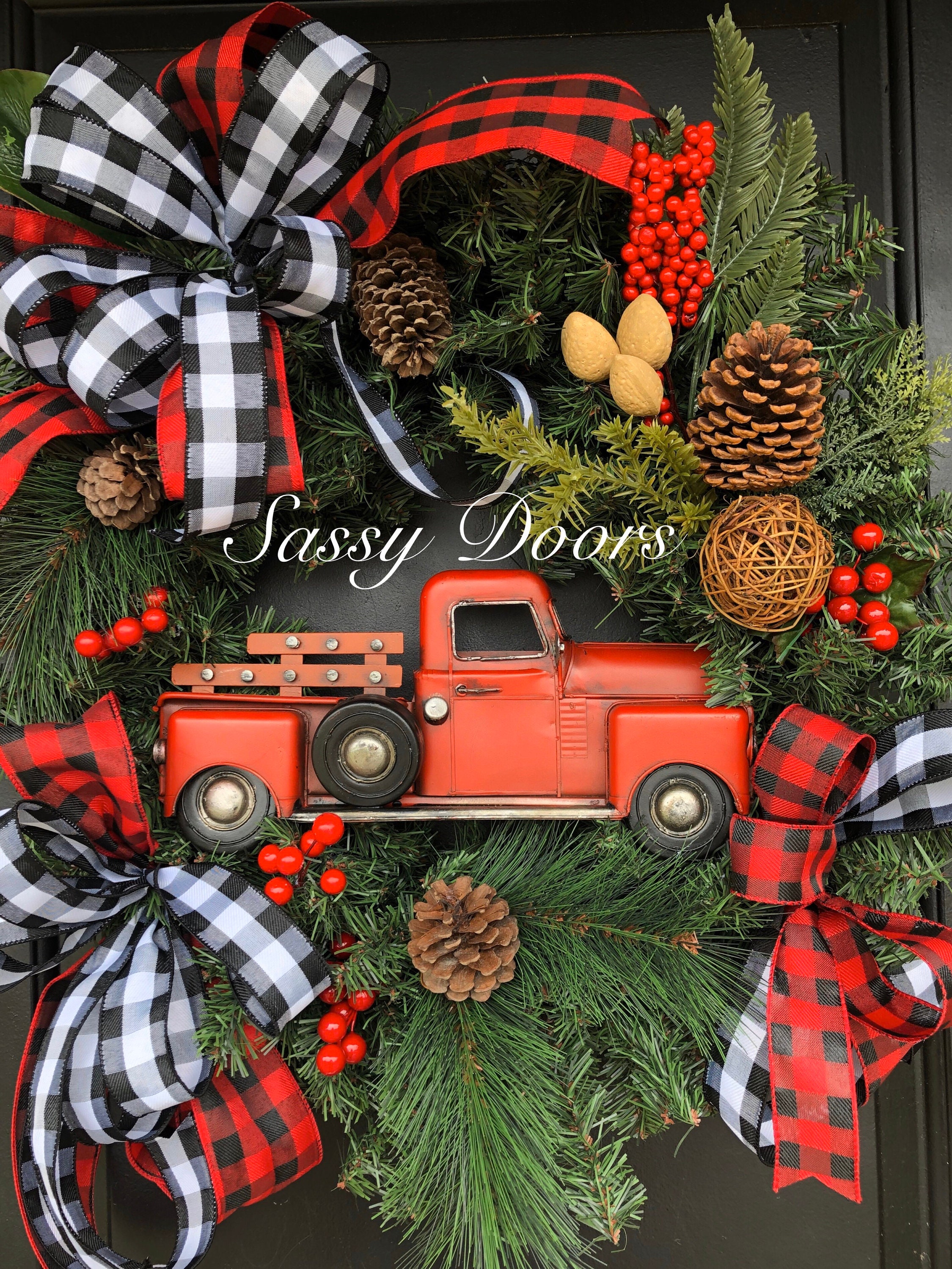Red Truck Christmas Wreath Buffalo Plaid Truck Wreath Red Truck