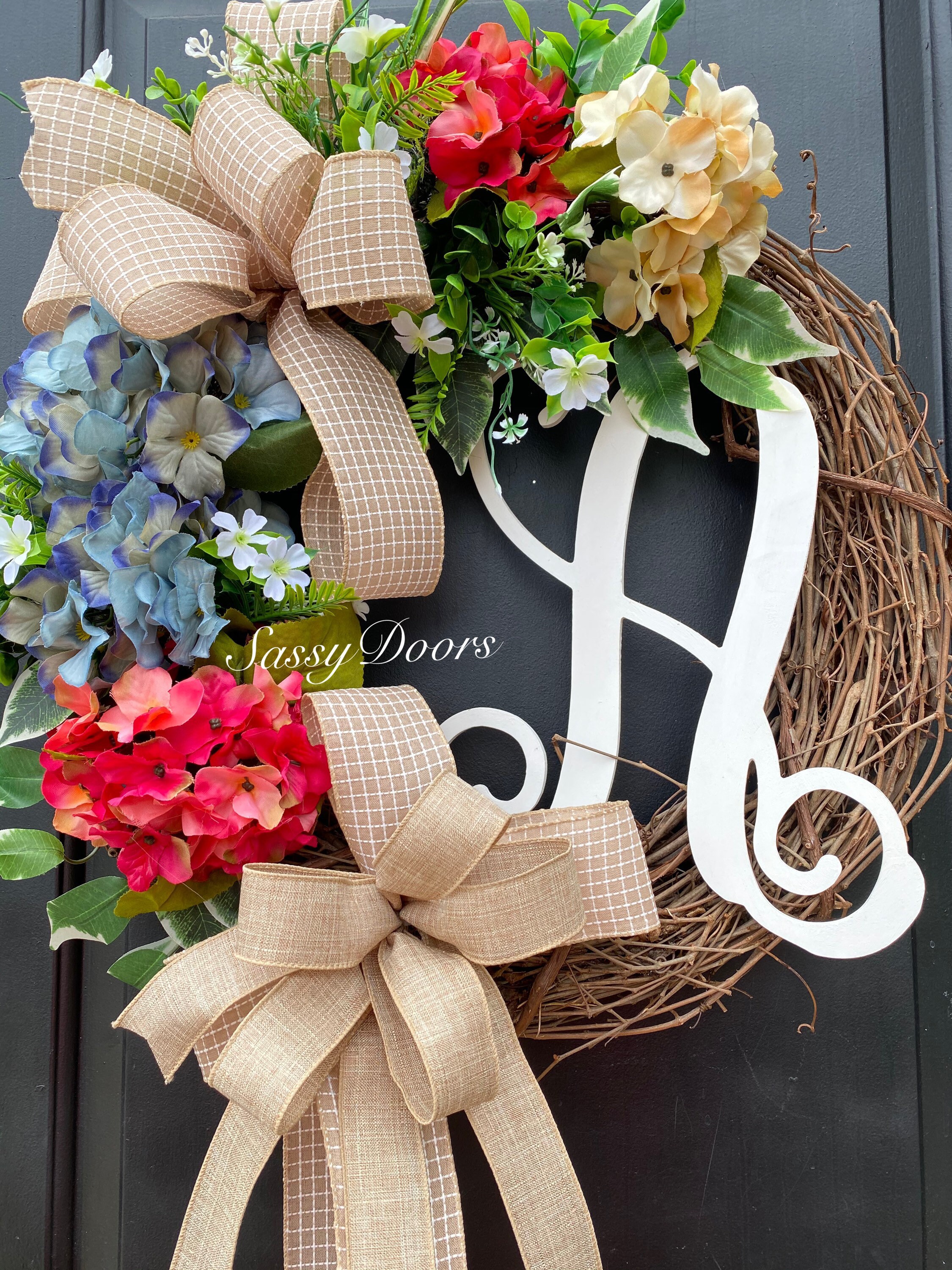 Hydrangea Wreath, Monogram Wreath, Spring Wreath, Mother's Day Wreath ...