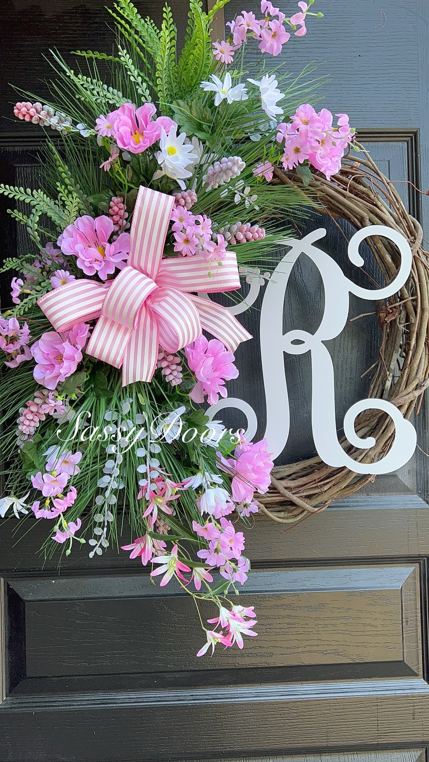 Spring And Summer Wreath, Monogram Door Wreath, Pink Monogram Wreath ...