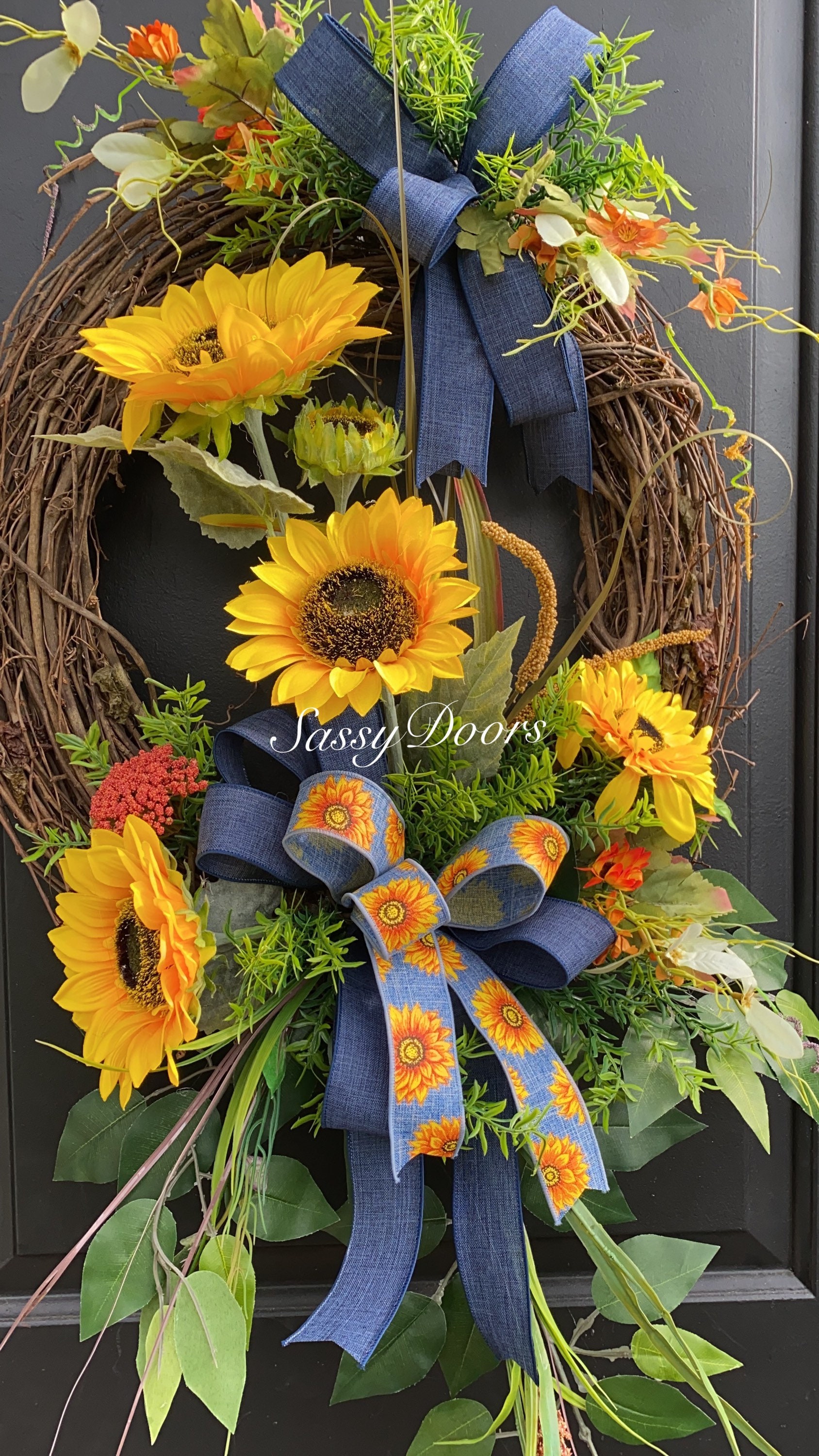 Double Door Sunflower Wreath, Denim Wreath, Sunflower Front Door Wreath ...