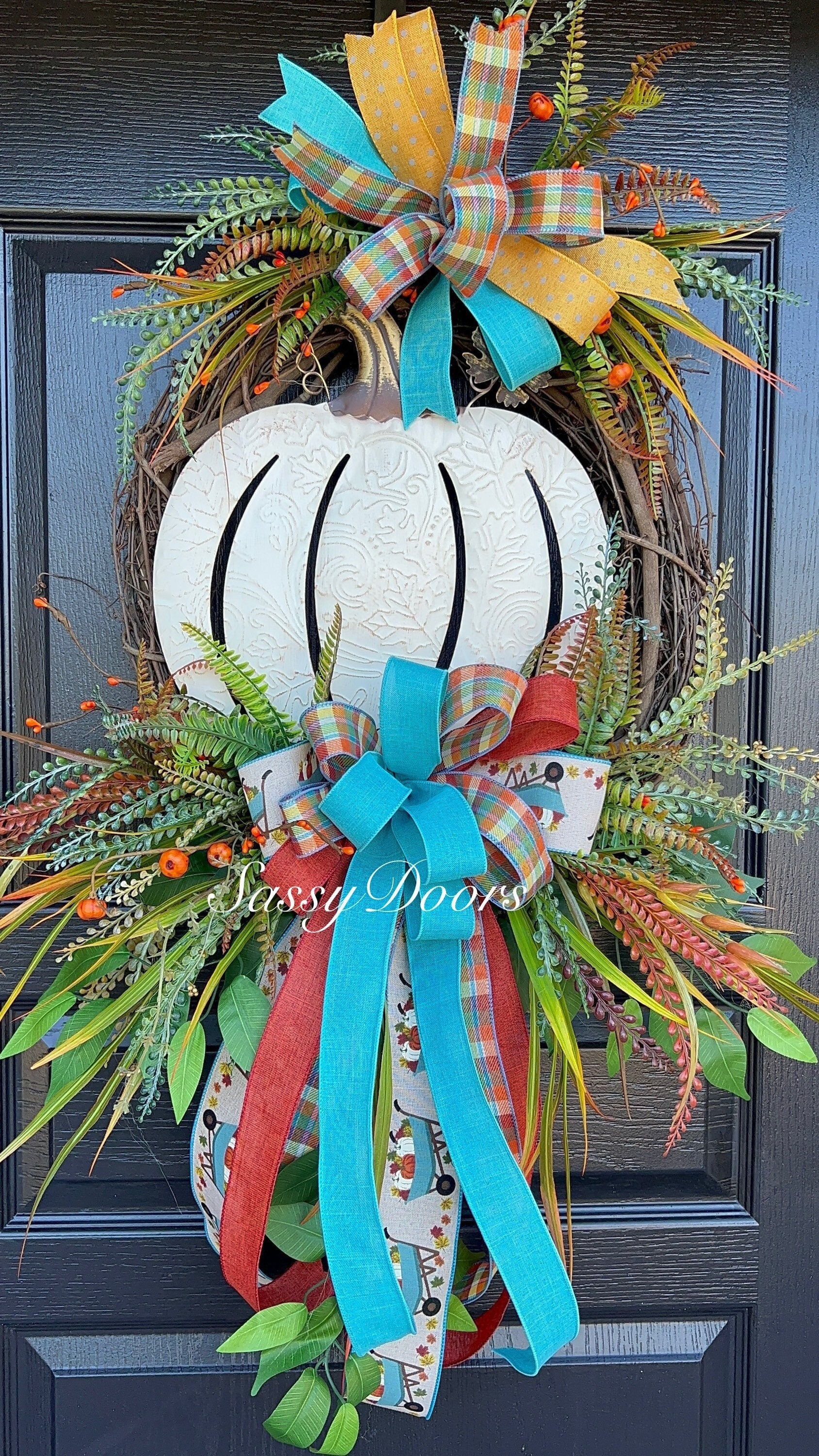 Fall Pumpkin Wreath, Teal Fall Wreath, Cream Pumpkin Wreath, Fall Door ...