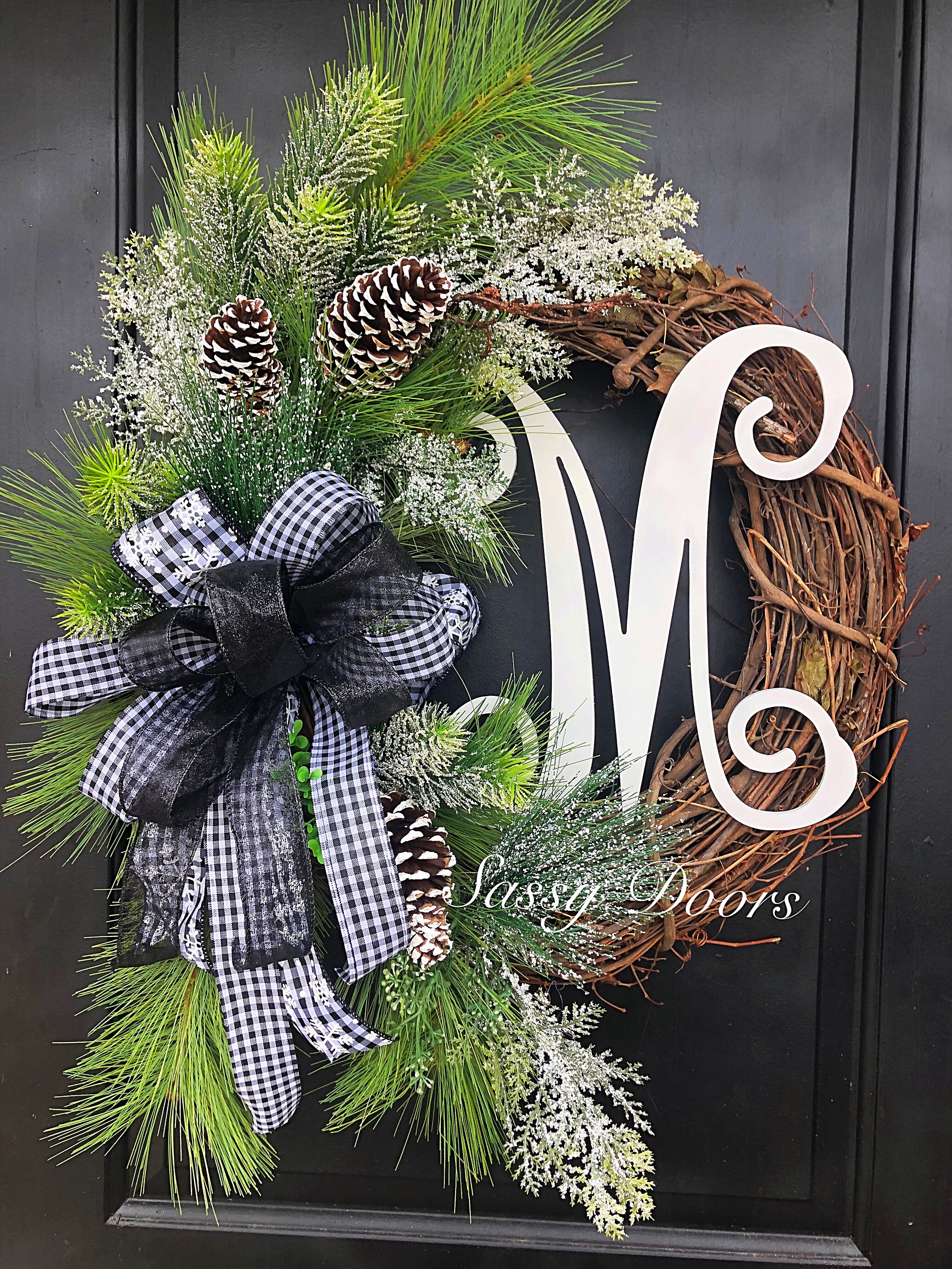 Winter Wreath, Winter Monogram Wreath, Grapevine Wreath, Pine Wreath ...
