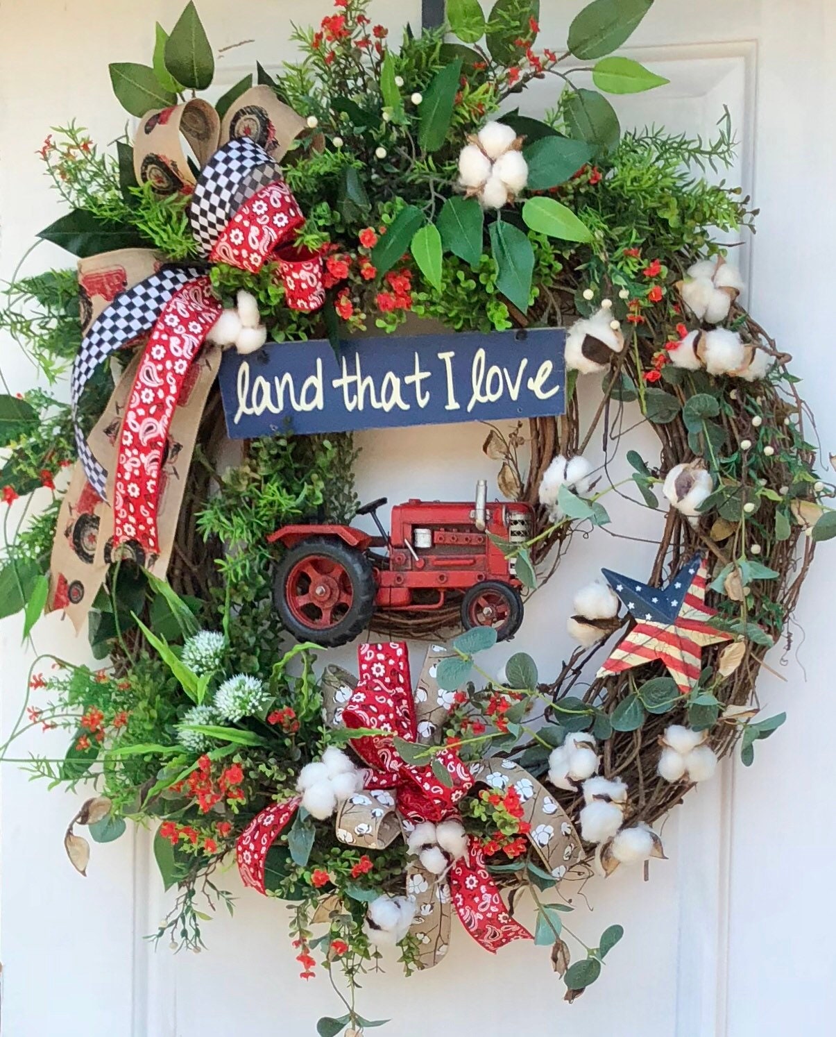 Farmhouse Wreath-Patriotic Wreaths Tractor Wreath- Cotton Wreath- Sassy ...