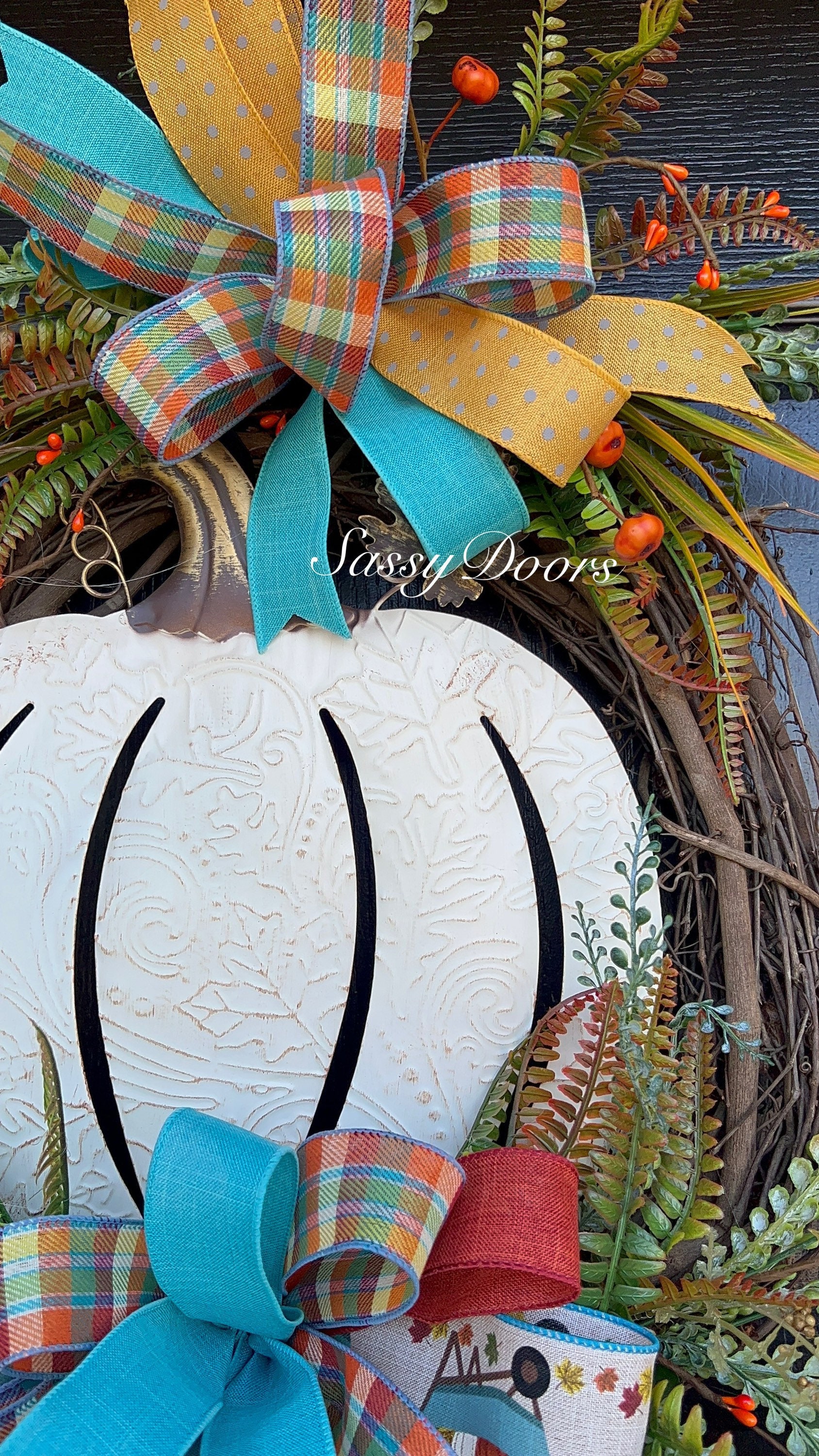 Fall Pumpkin Wreath, Teal Fall Wreath, Cream Pumpkin Wreath, Fall Door ...