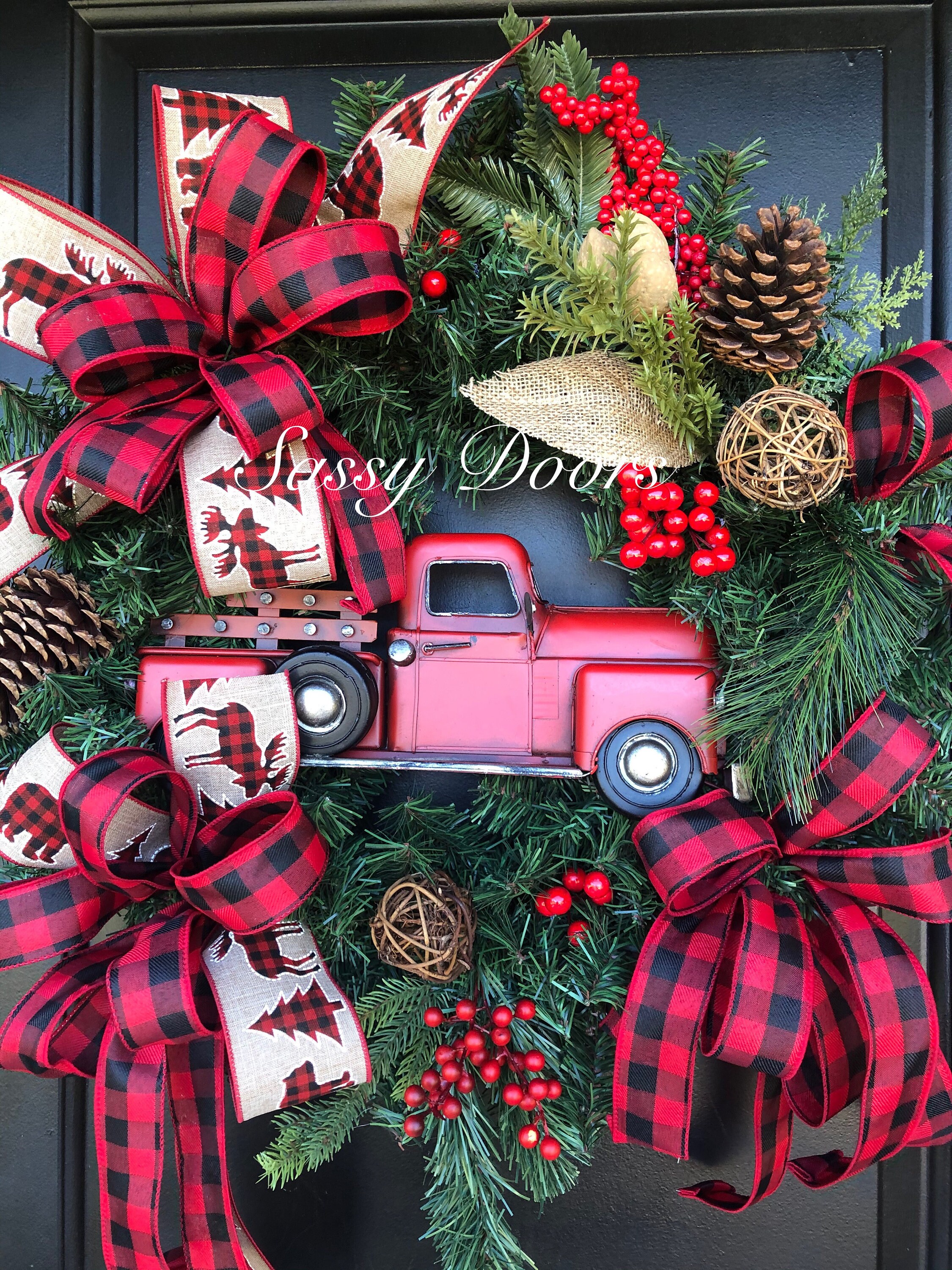 Red Truck Wreath Buffalo Plaid Rustic Christmas Wreath Red Truck