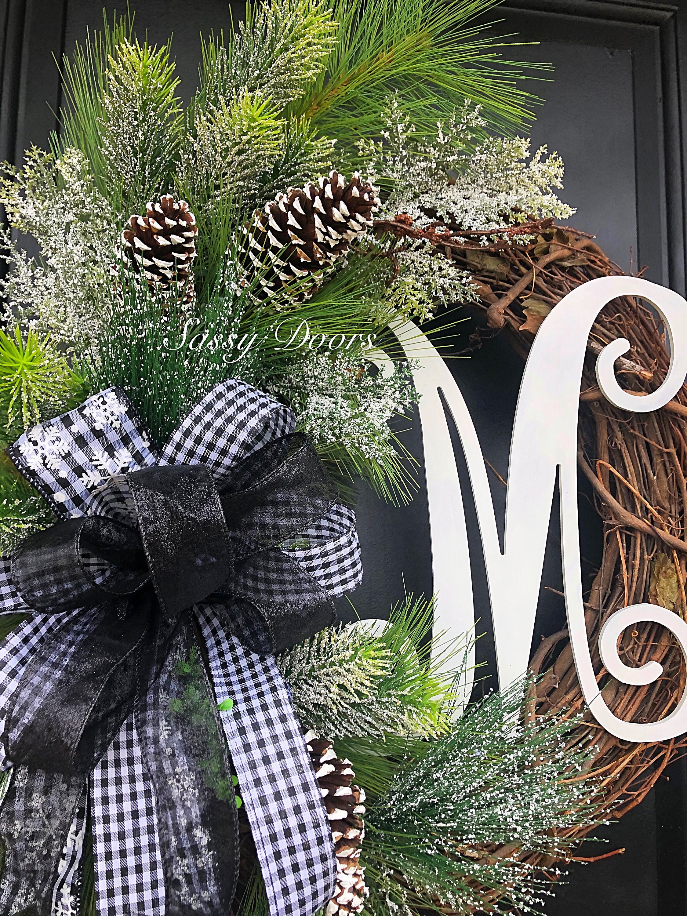 Winter Wreath, Winter Monogram Wreath, Grapevine Wreath, Pine Wreath ...