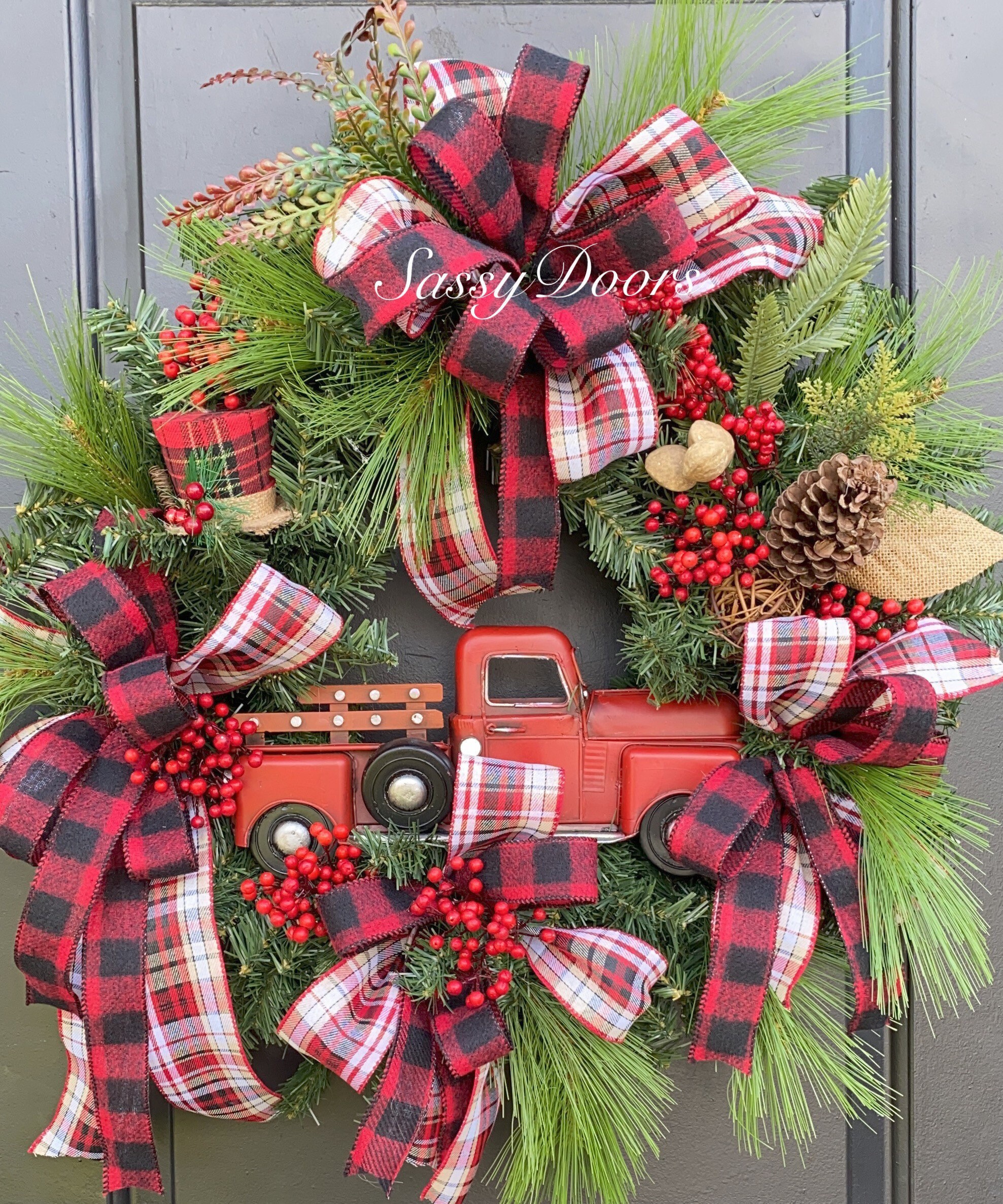 Red Truck Wreath Buffalo Plaid Rustic Christmas Wreath Red Truck