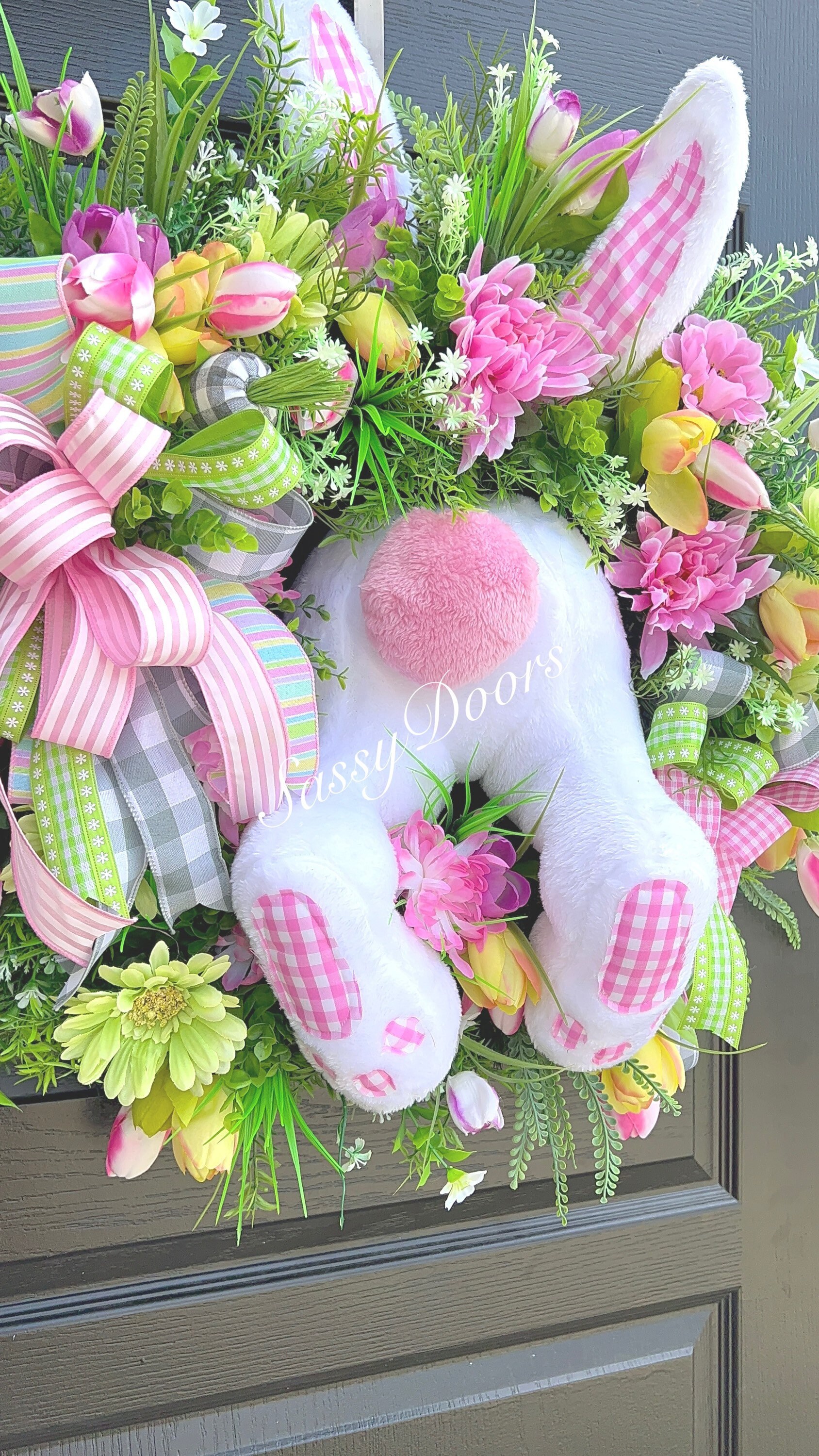Easter Bunny Butt Wreath, Buffalo Plaid Easter Wreath, Bunny Door Wreath