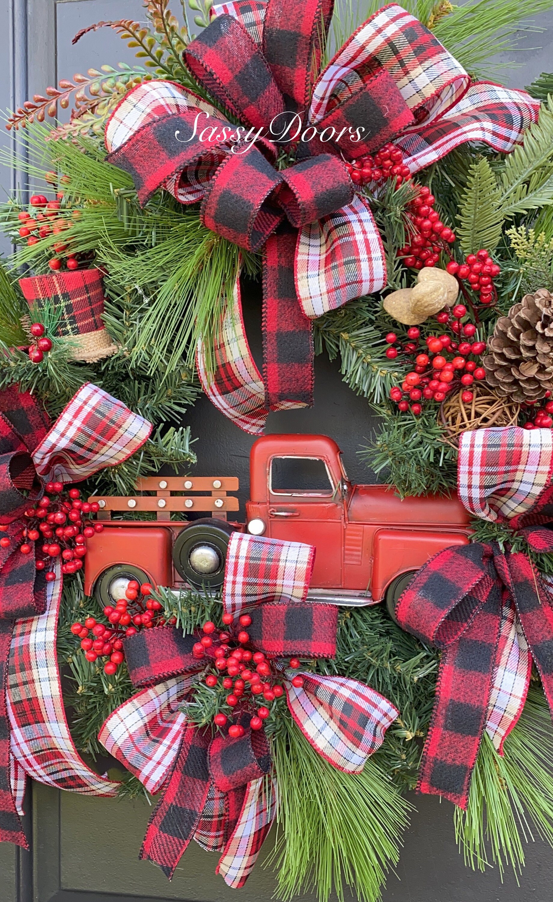 Red Truck Wreath Buffalo Plaid Rustic Christmas Wreath Red Truck