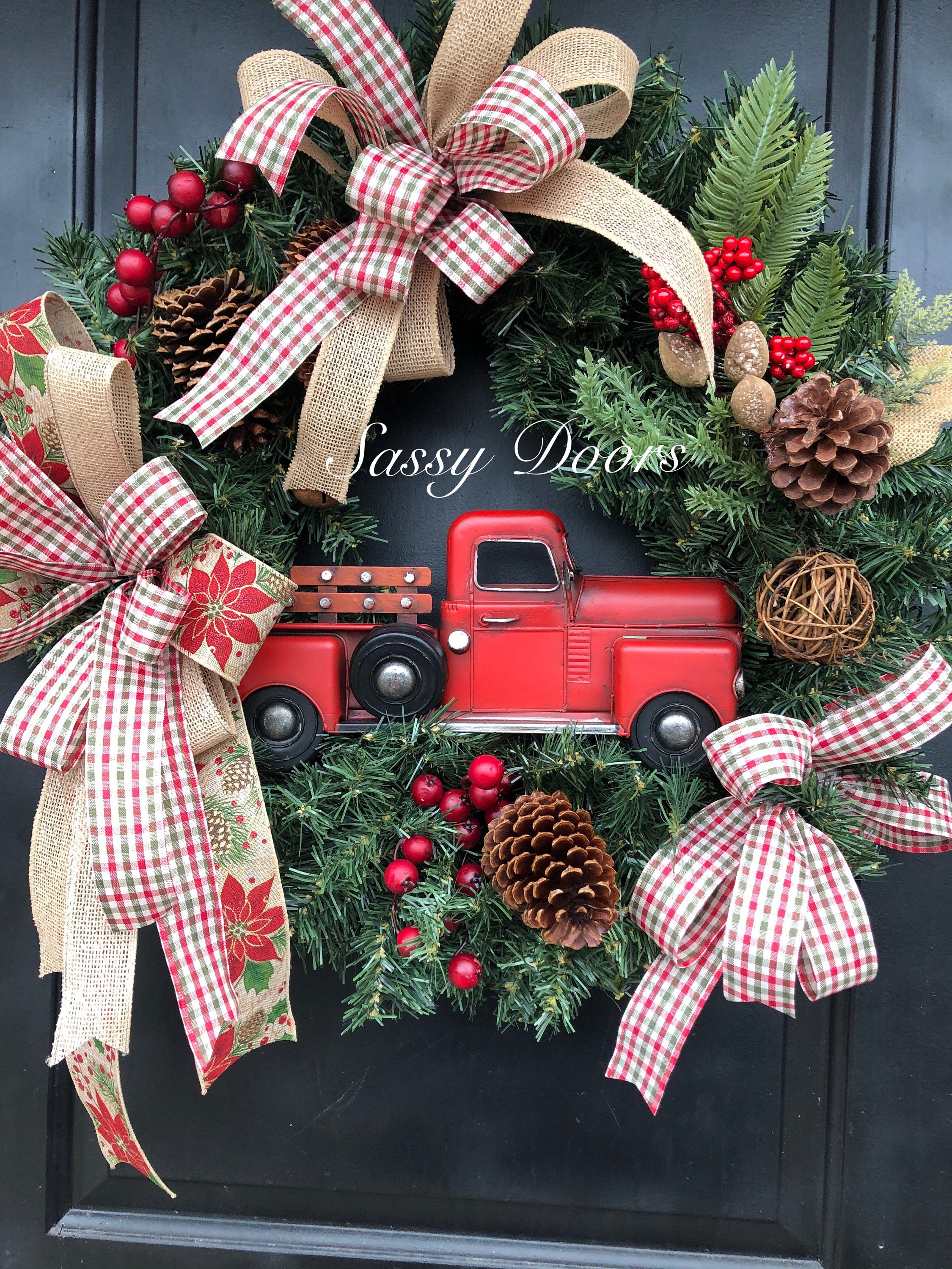 Red Truck Wreath Rustic Christmas Wreath Buffalo Plaid Wreath