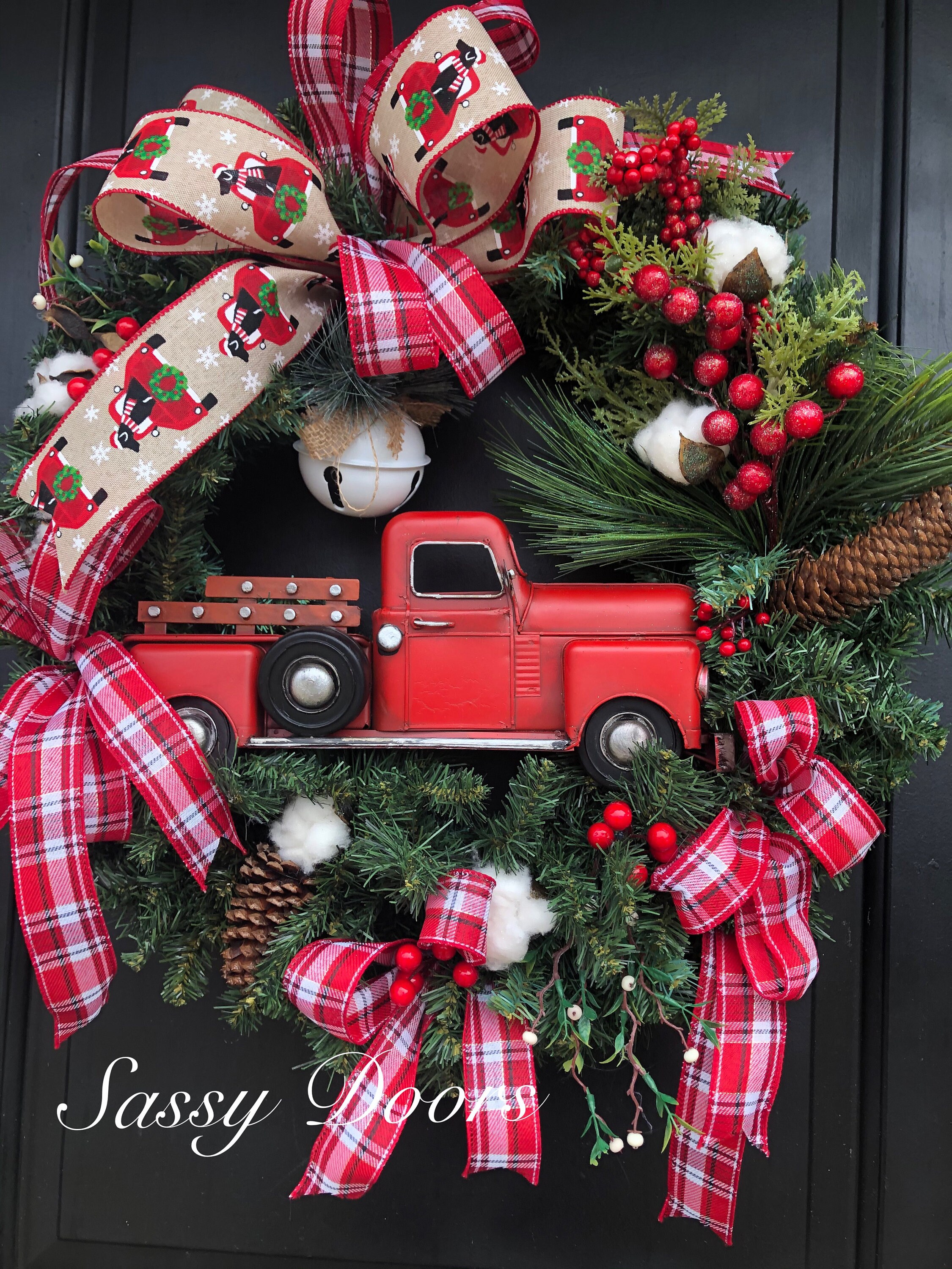 Red Truck Christmas Wreath Buffalo Plaid Truck Wreath Red Truck