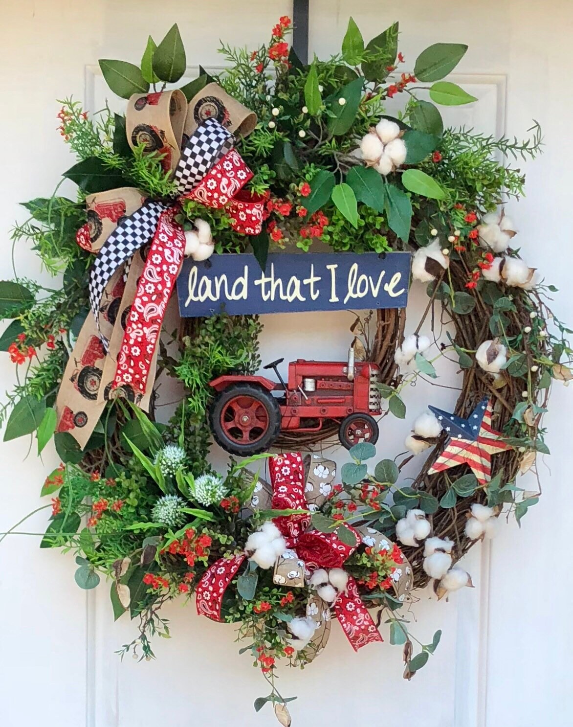 Farmhouse Wreath-Patriotic Wreaths Tractor Wreath- Cotton Wreath- Sassy ...