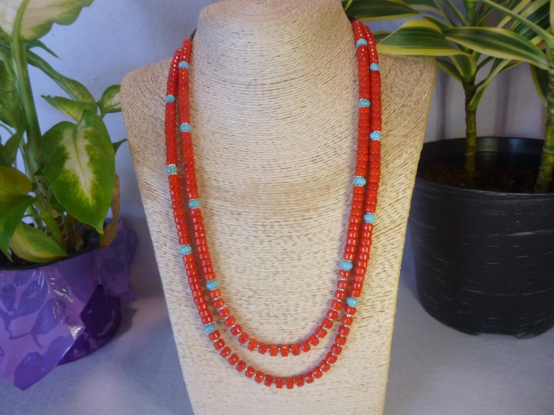 Red Coral Necklace With Heishi Beads and Turquoise Nuggets Native ...