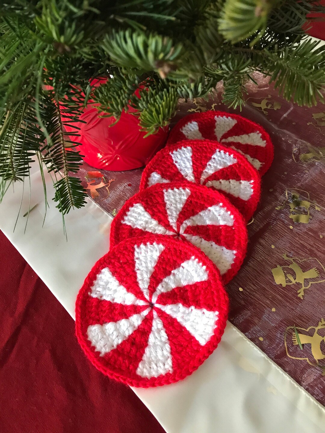Crochet Christmas Coasters: Peppermint Candy Decor, Set of 4 - Etsy