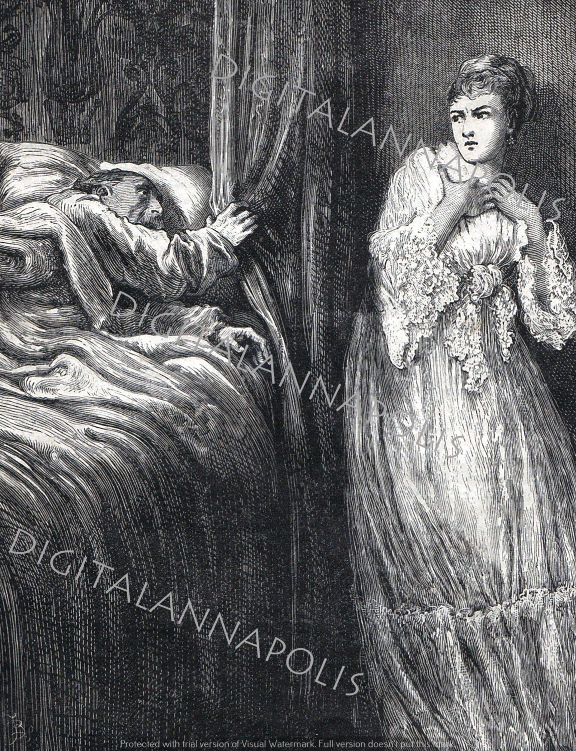 Vintage Dramatic Image Scared Woman Man in Her Bed? Lady Fear Bedroom ...