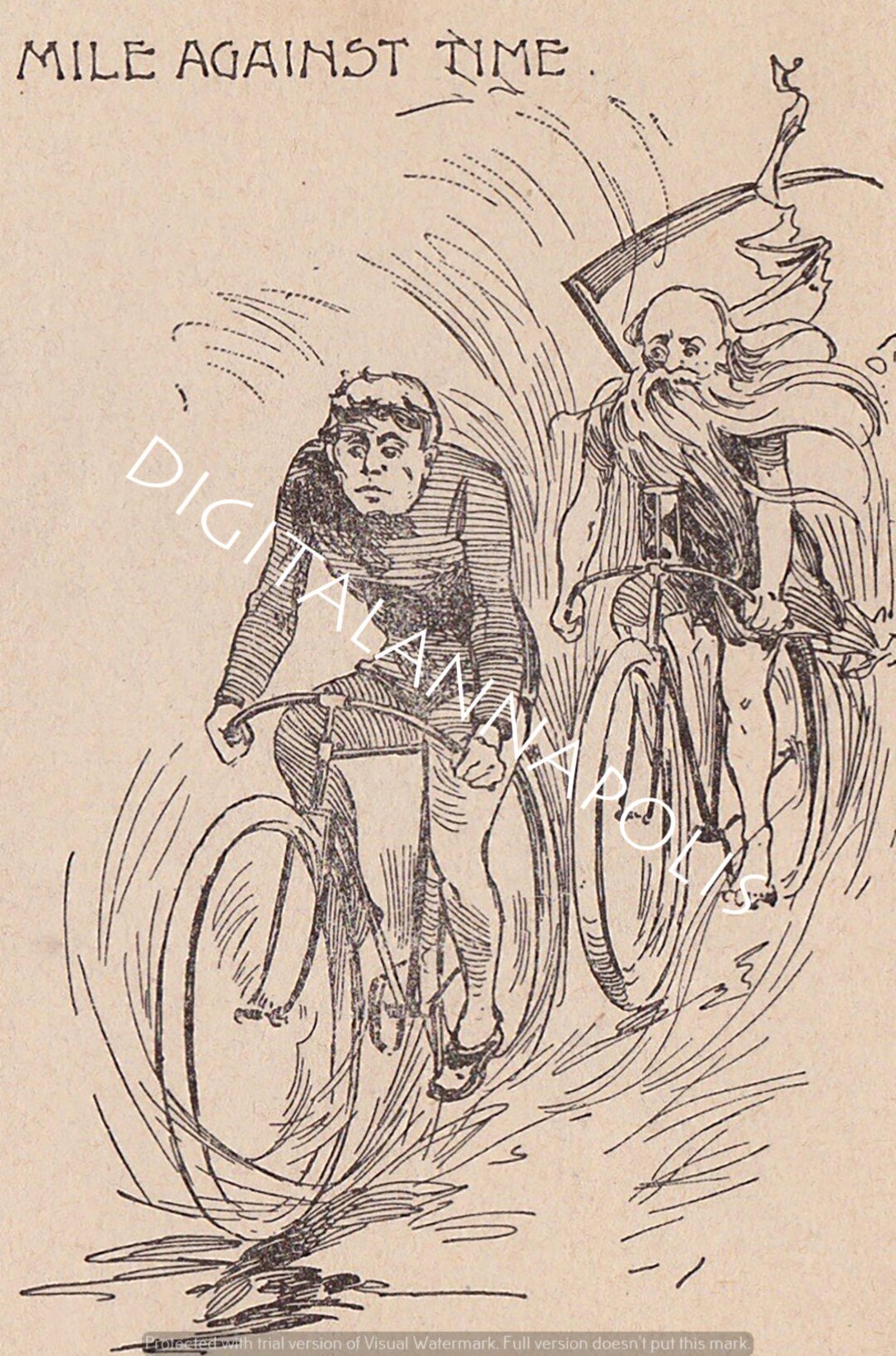 Vintage Cartoon Cycling Slang Term Mile Against Time Bicycle Race ...