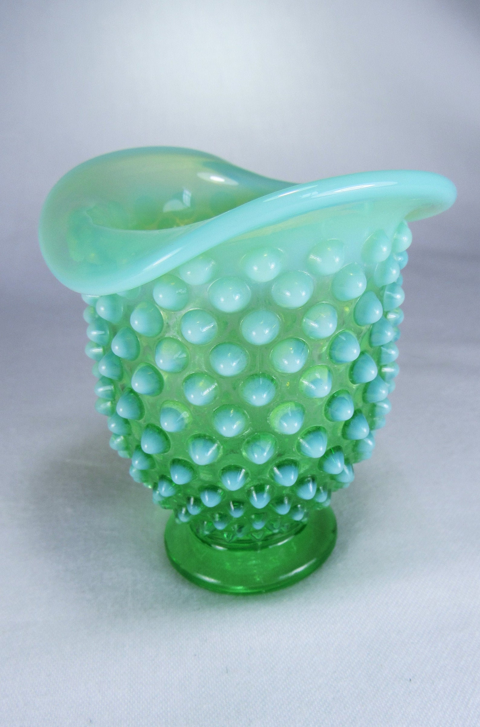 FENTON MINI VASE Green Vaseline Glass Opalescent Hobnail with | Etsy