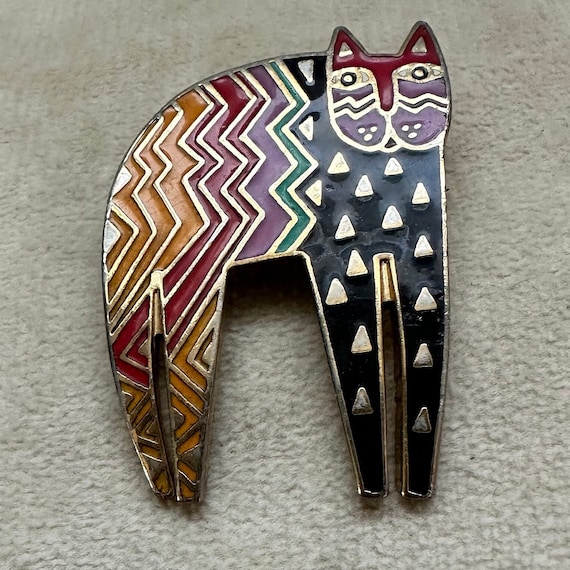 Large Multicolor Cat Laurel Burch Brooch Pin Signed "… - Gem