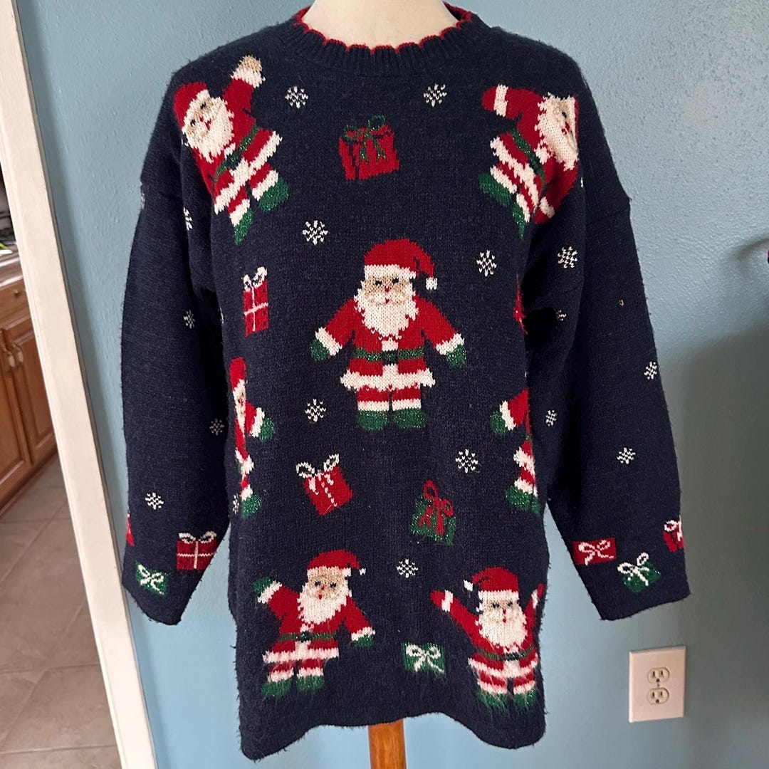 Navy Blue Santa Themed Nutcracker Sweater Size Medium Ugly Gaudy ...