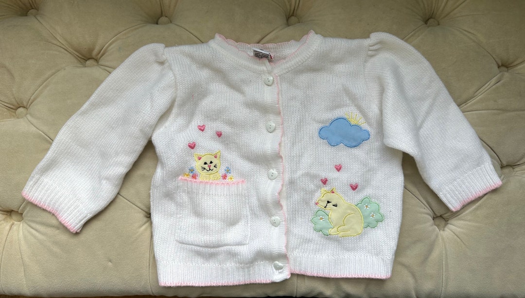 Child's Vintage Sweater Cat Mouse Pink & White Cardigan Sweater for ...