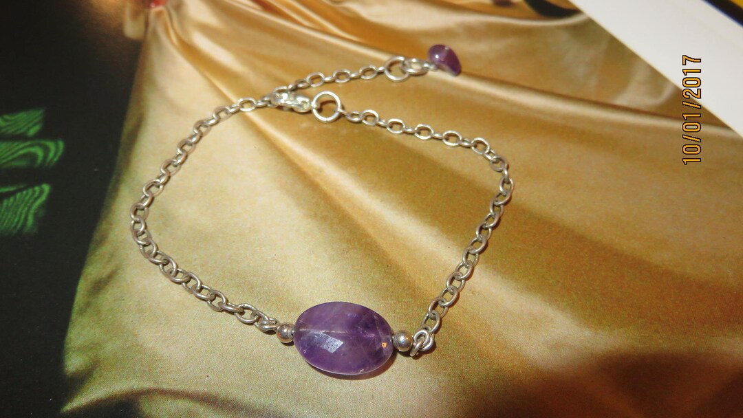 BRACELET manon Amethyst Stone Mounted on Silver Plated Brass Chain and ...