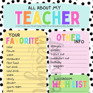 Teacher Favorite Things Questionnaire, Back to School Teacher Survey ...