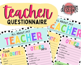 Teacher Favorite Things Questionnaire Back to School Teacher Survey ...
