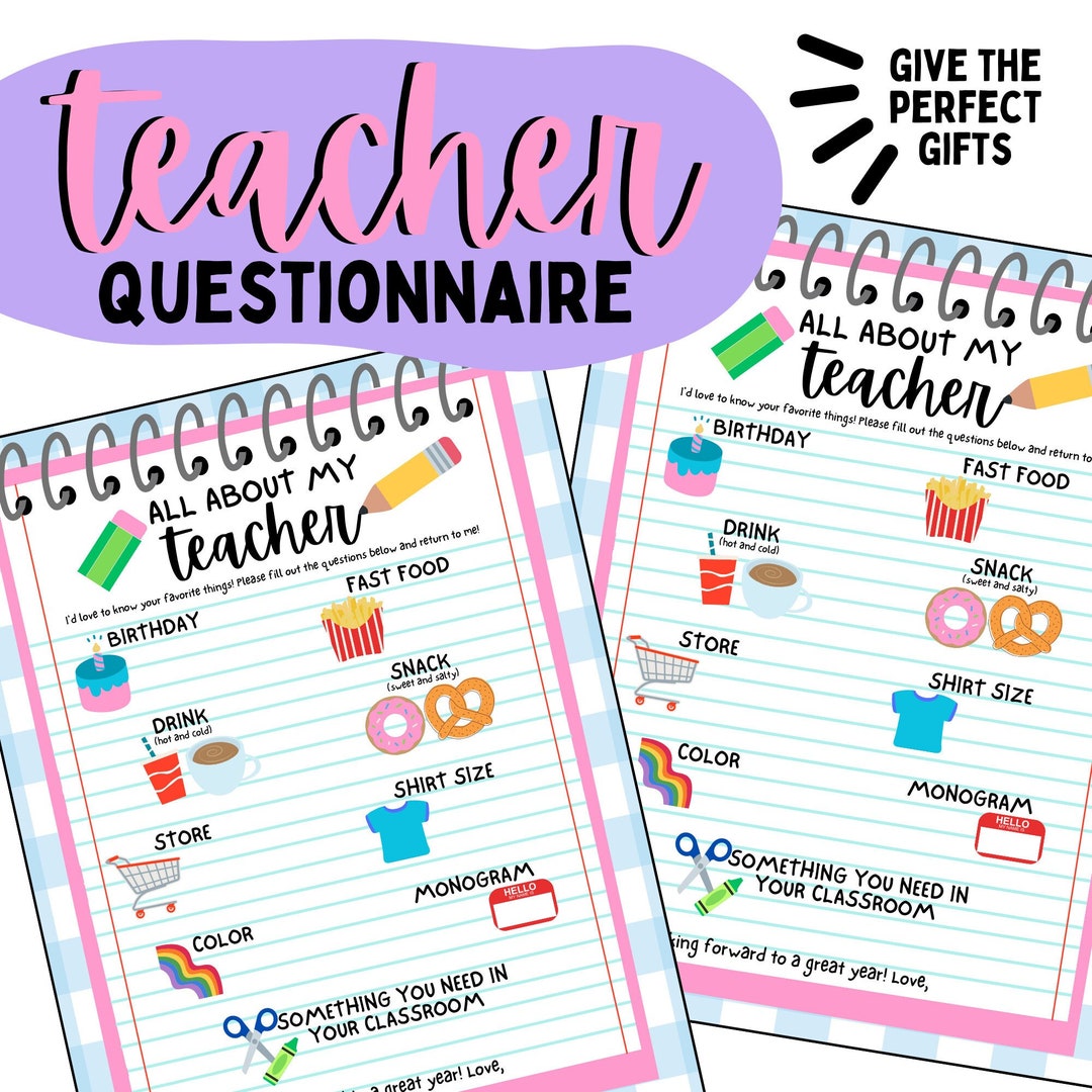 Teacher Favorite Things Questionnaire, Back to School Teacher Survey ...