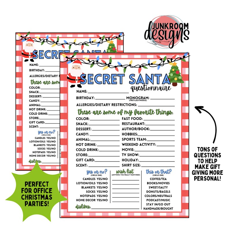 Secret Santa Questionnaire, Secret Santa Printable - Etsy