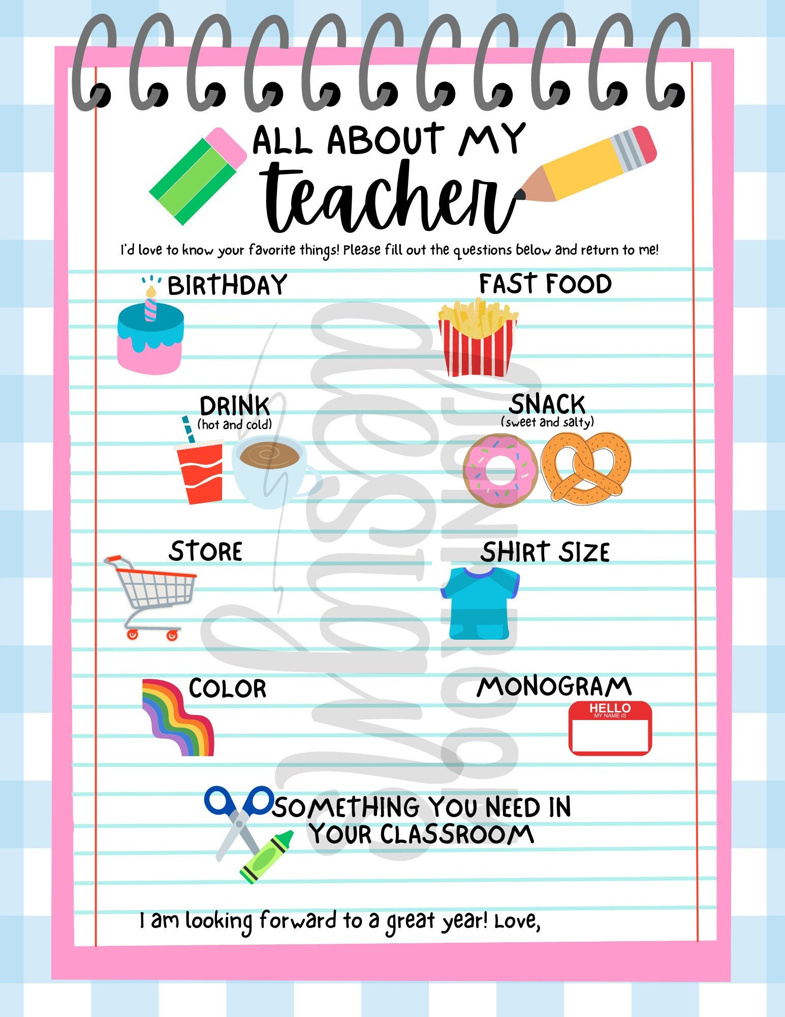 Teacher Favorite Things Questionnaire, Back to School Teacher Survey ...