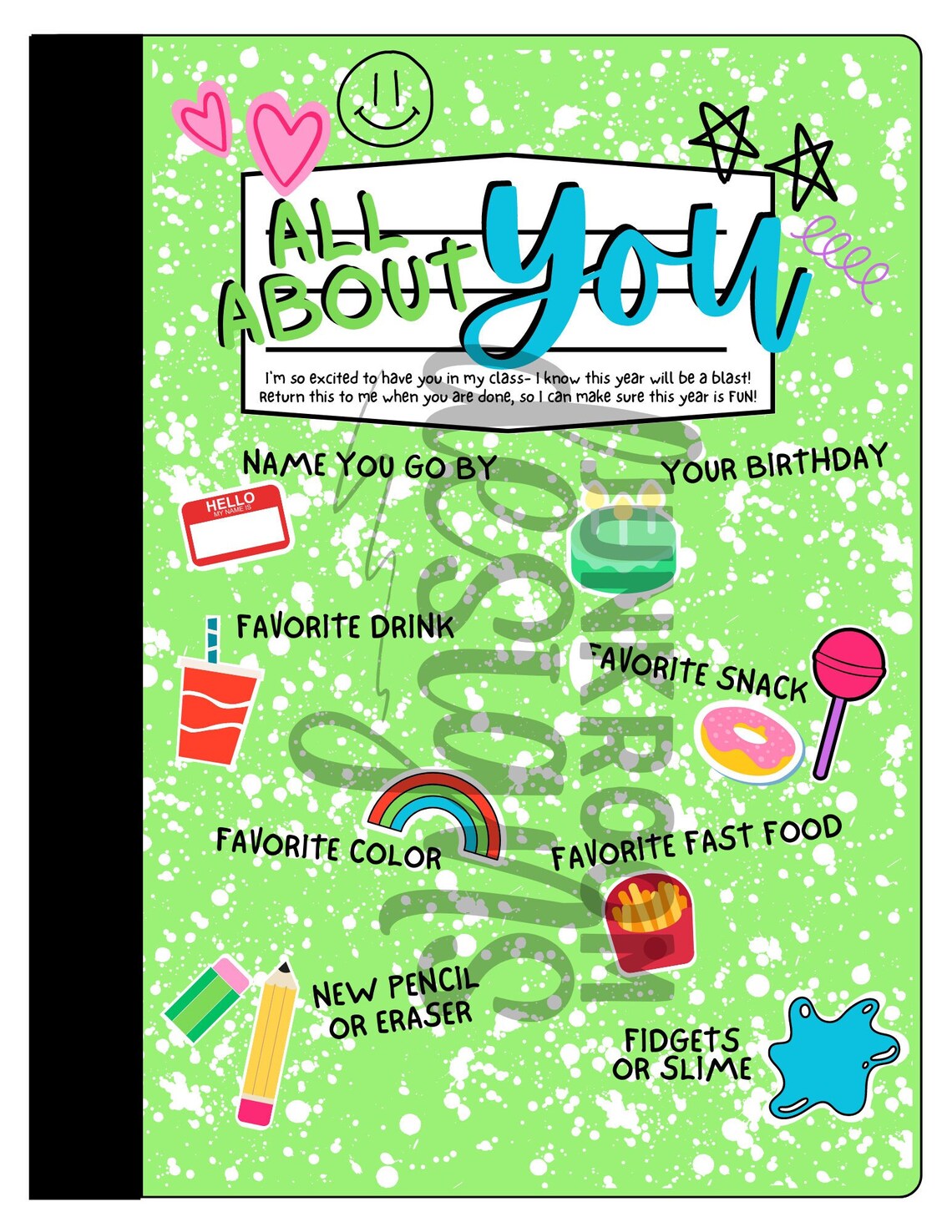 GREEN Student Favorite Things Questionnaire, Back to School Student ...