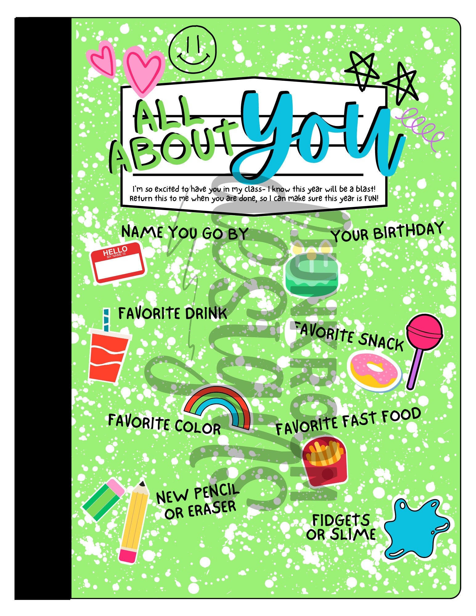 GREEN Student Favorite Things Questionnaire, Back to School Student ...