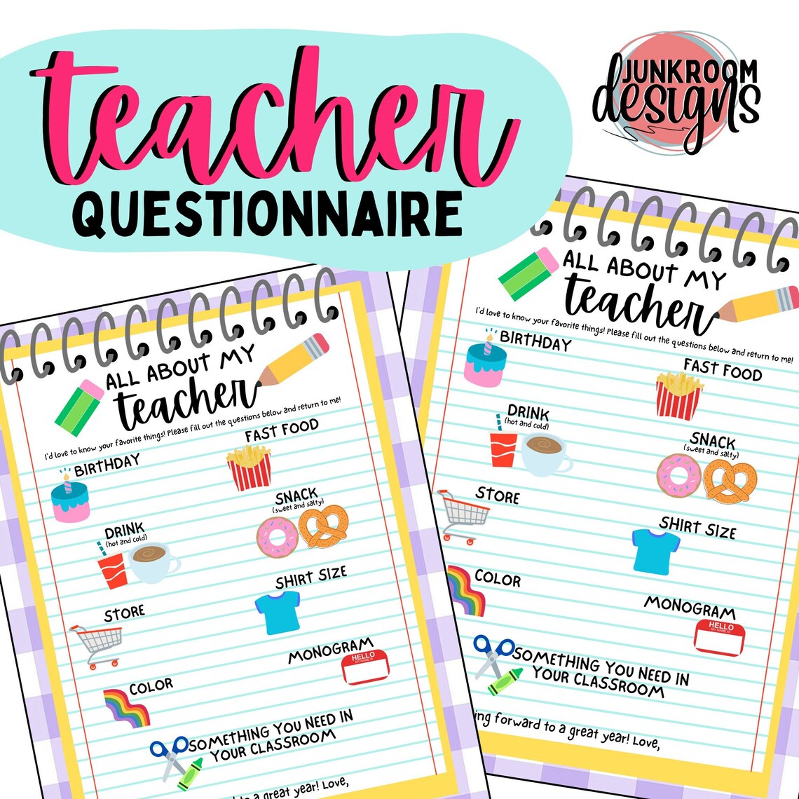 Teacher Favorite Things Questionnaire, Back to School Teacher Survey ...