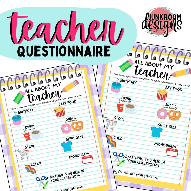 Teacher Favorite Things Questionnaire, Back to School Teacher Survey ...