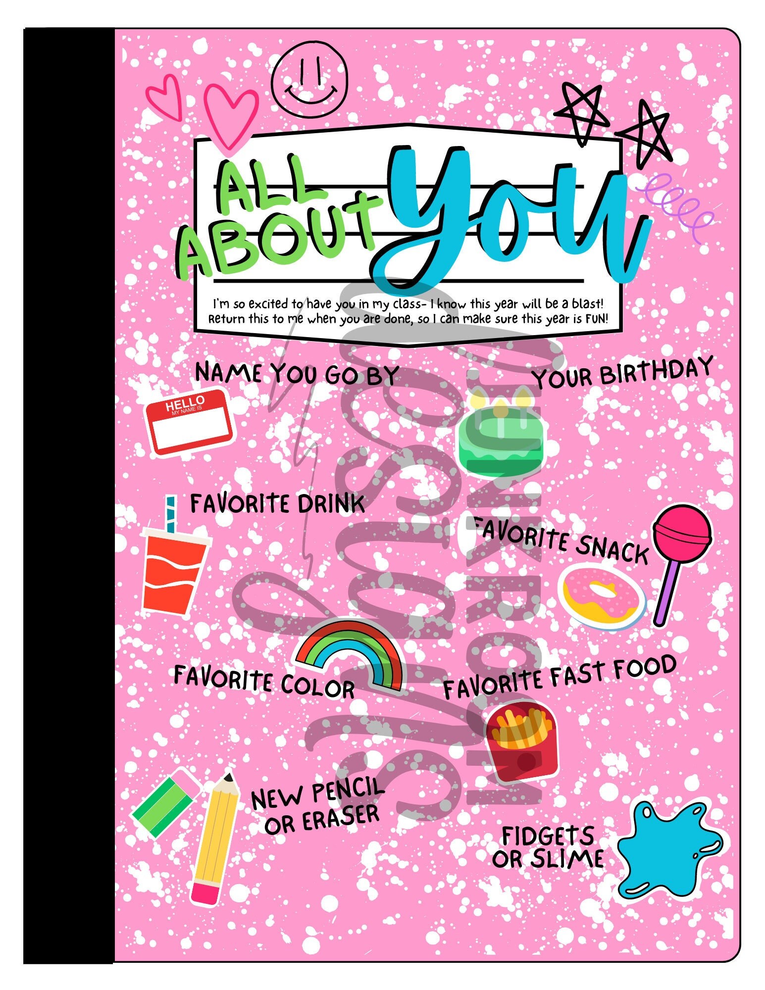 PINK Student Favorite Things Questionnaire, Back to School Student ...