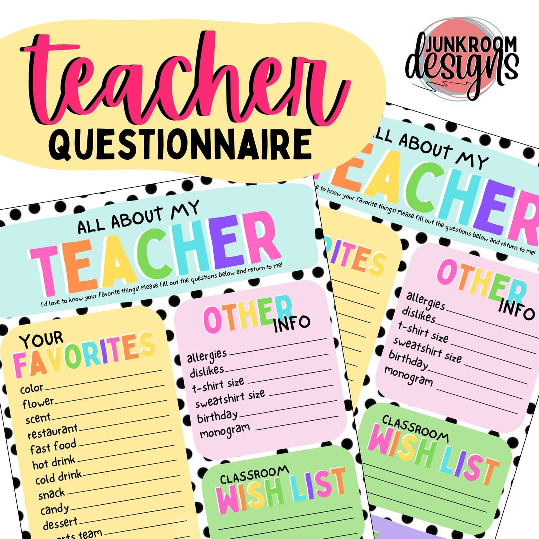 Teacher Favorite Things Questionnaire, Back to School Teacher Survey ...