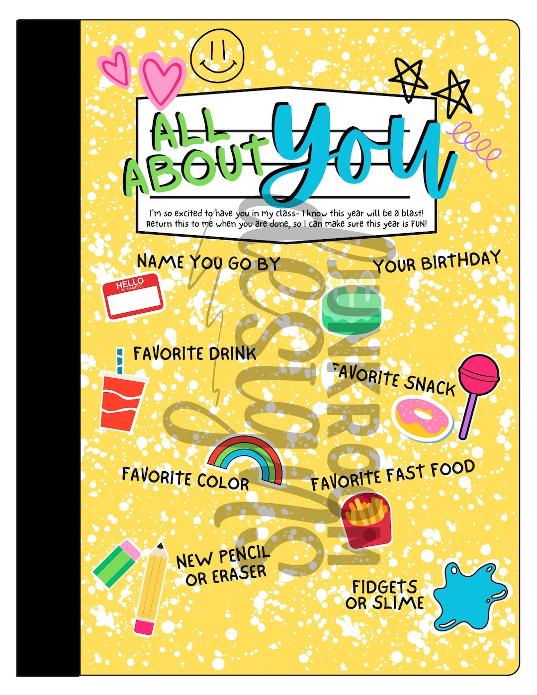 YELLOW Student Favorite Things Questionnaire, Back to School Student ...
