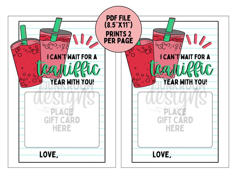 First Day of School, Gift Card Holder, Teacher Gift, Tea Card Printable ...