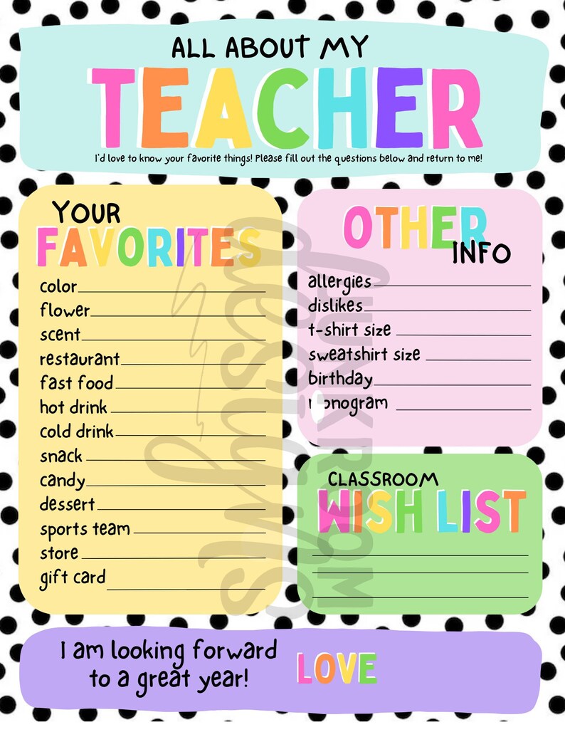 Teacher Favorite Things Questionnaire, Back to School Teacher Survey ...