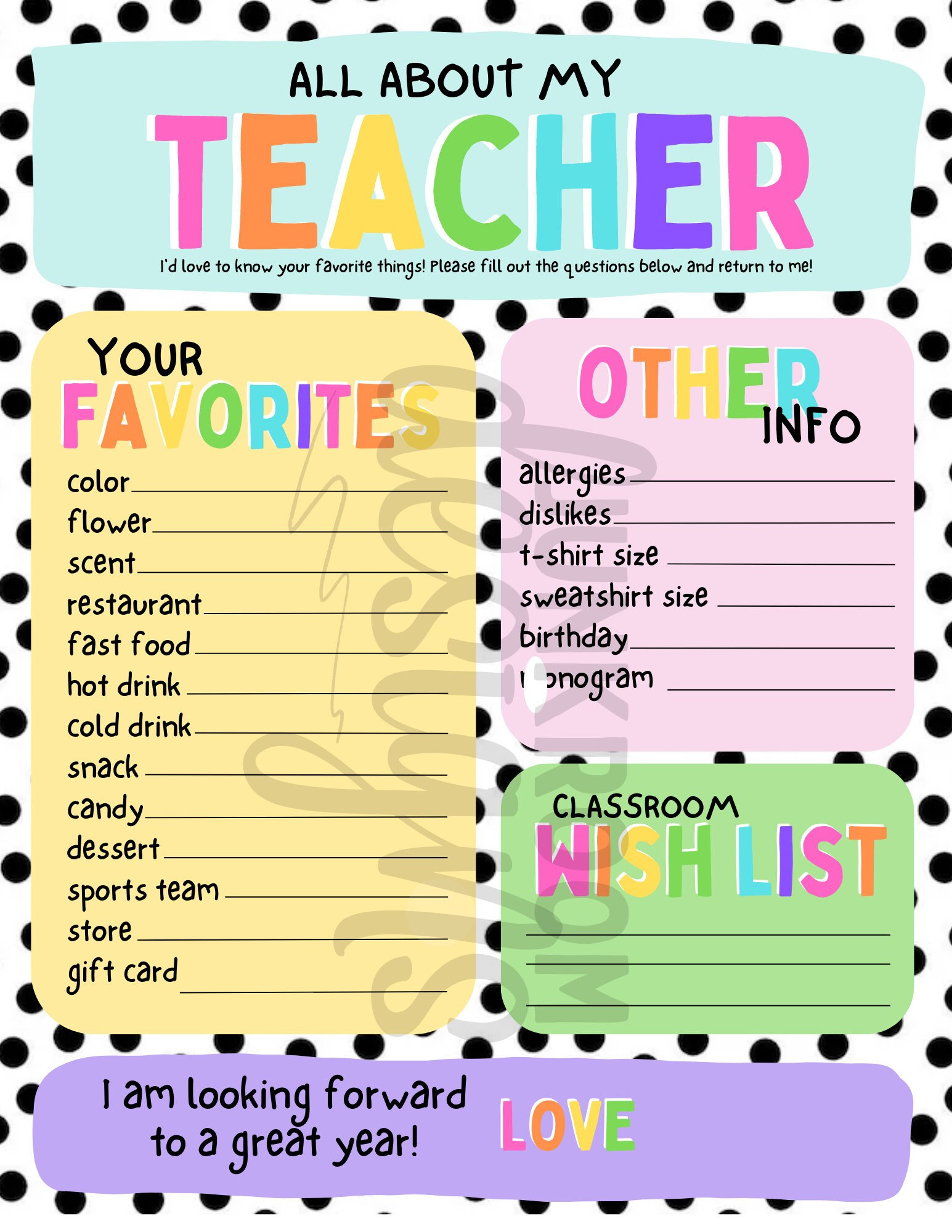 Teacher Favorite Things Questionnaire, Back to School Teacher Survey ...
