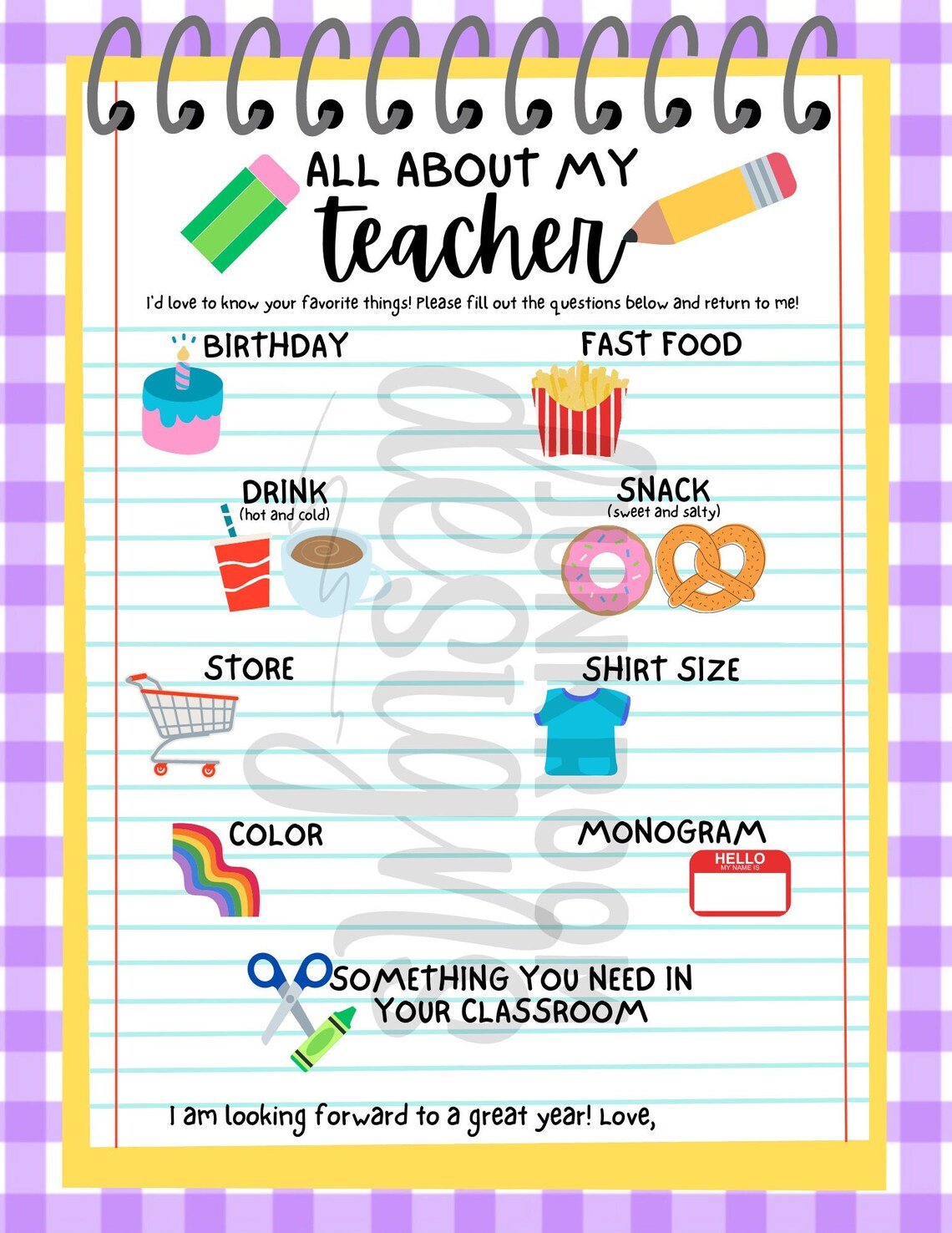 Teacher Favorite Things Questionnaire, Back to School Teacher Survey ...