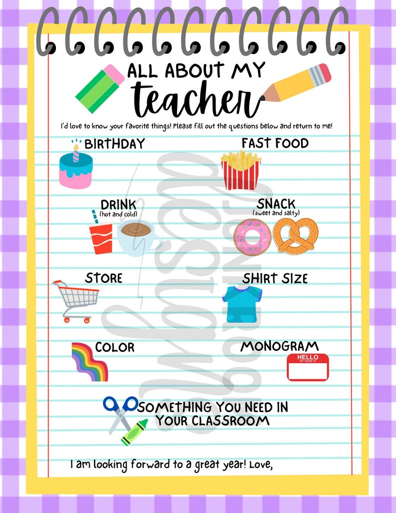 Teacher Favorite Things Questionnaire, Back to School Teacher Survey ...