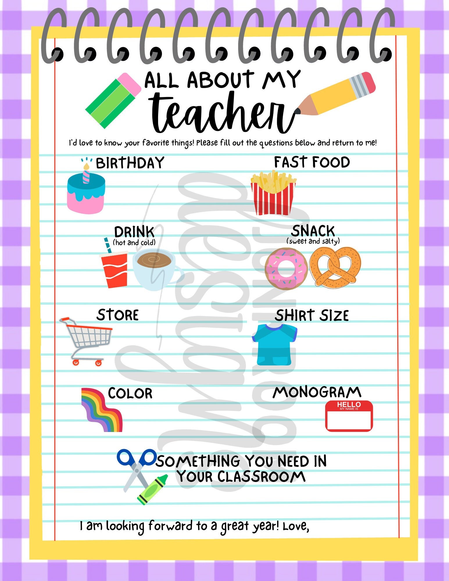 Teacher Favorite Things Questionnaire, Back to School Teacher Survey ...